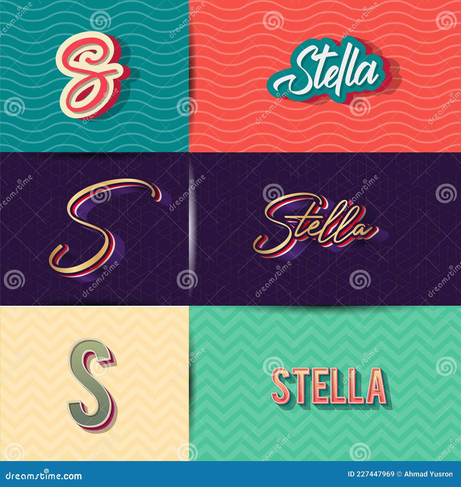 Name Stella in Various Retro Graphic Design Elements, Set of Vector ...