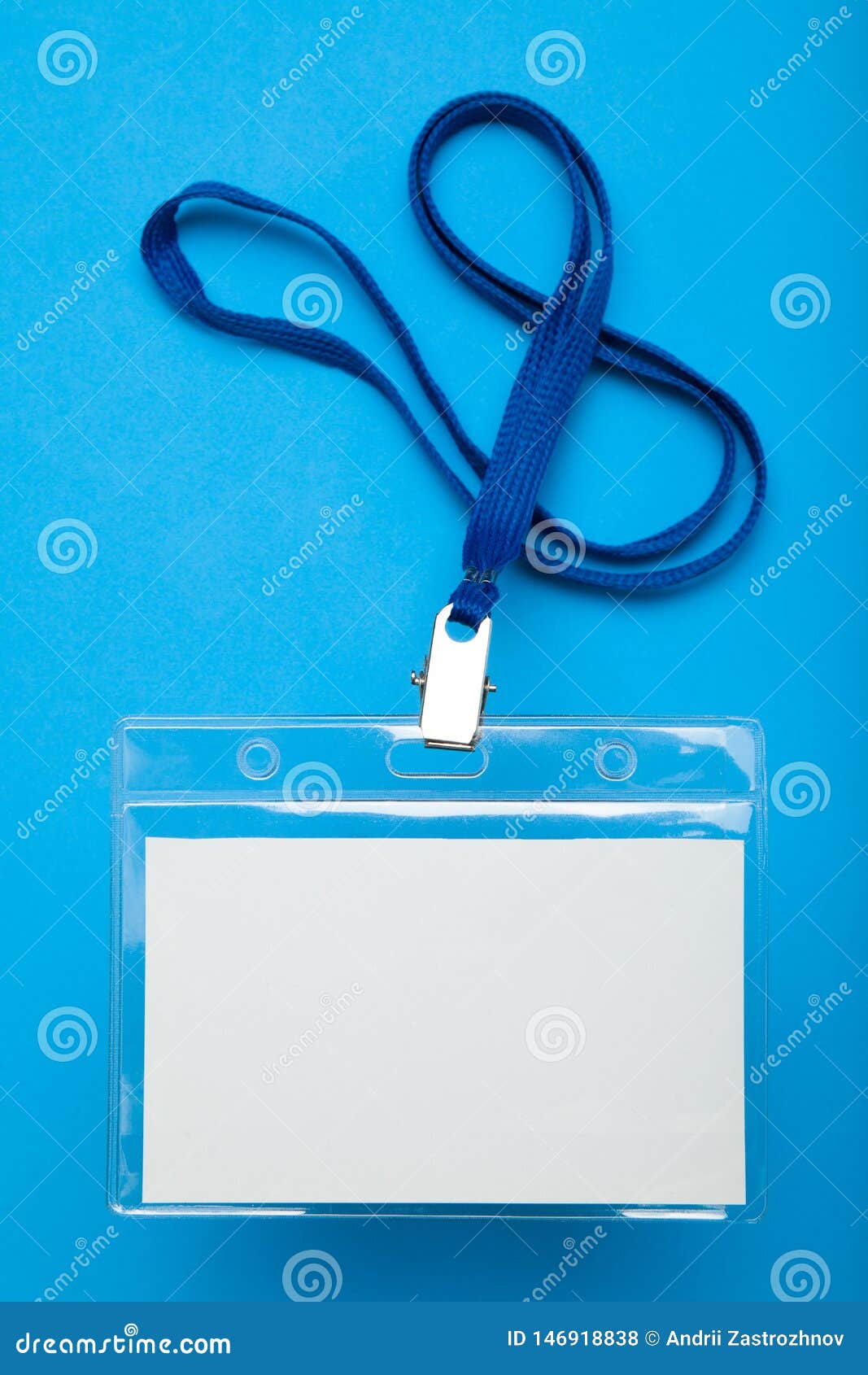 Name Tag Badge with Lanyard on Blue Background Stock Photo - Image of ...