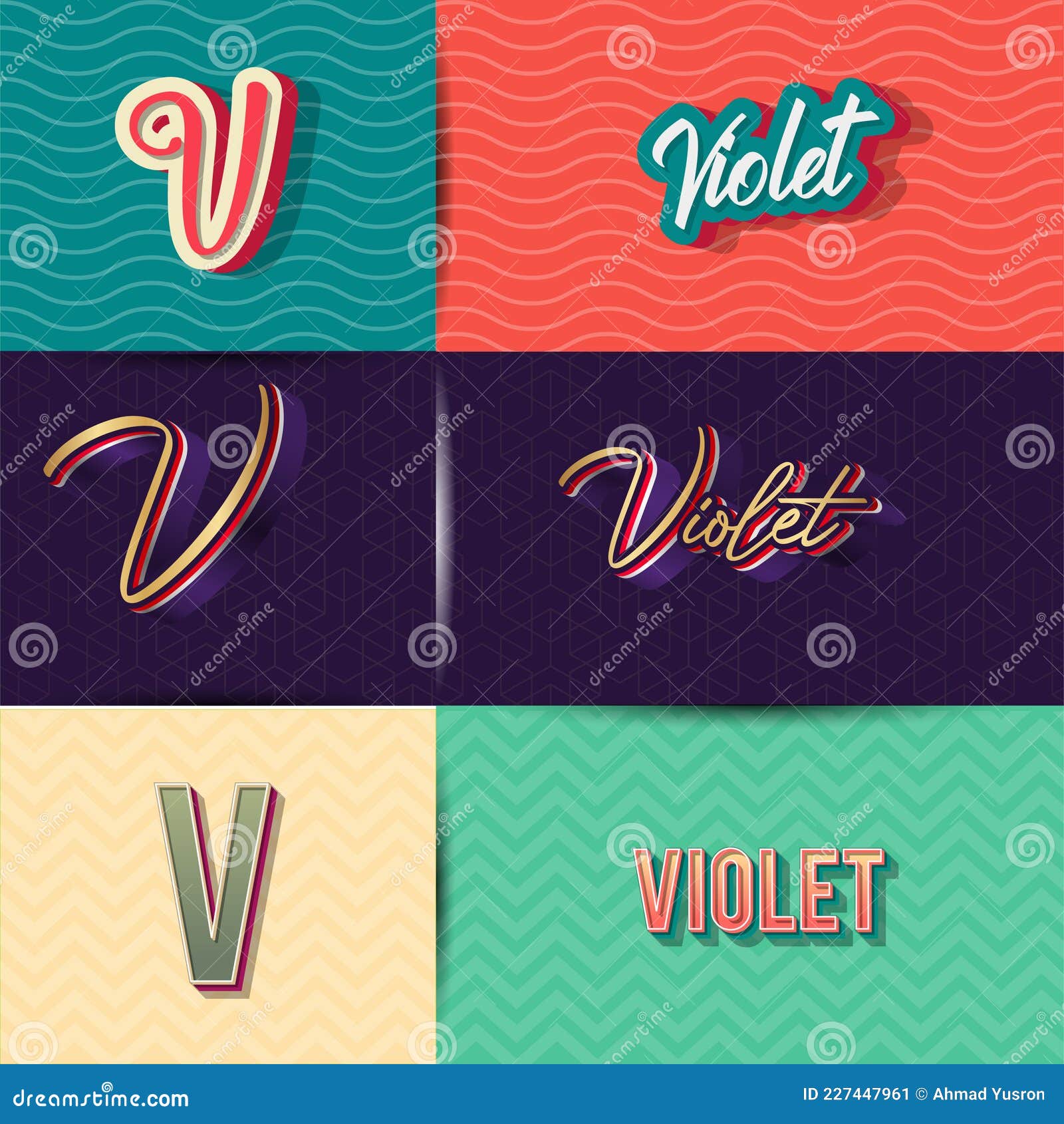 Name Violet in Various Retro Graphic Design Elements, Set of Vector ...
