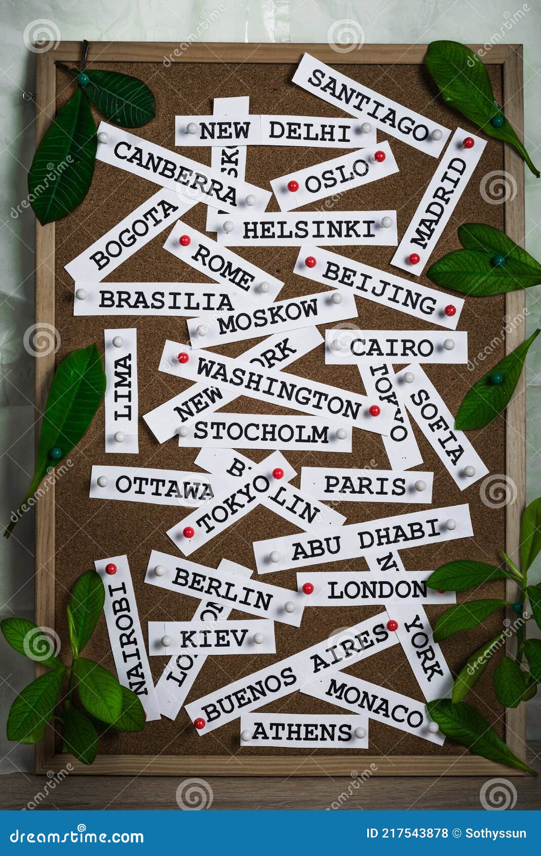 Names of the Capitals of the Countries of the World on a Cork Surface ...