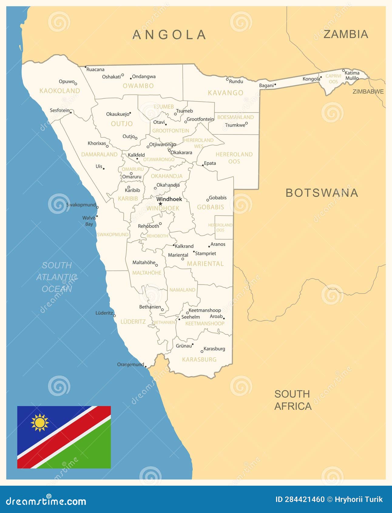 Namibia - Detailed Country Map With Cities And Regions. Infographic ...