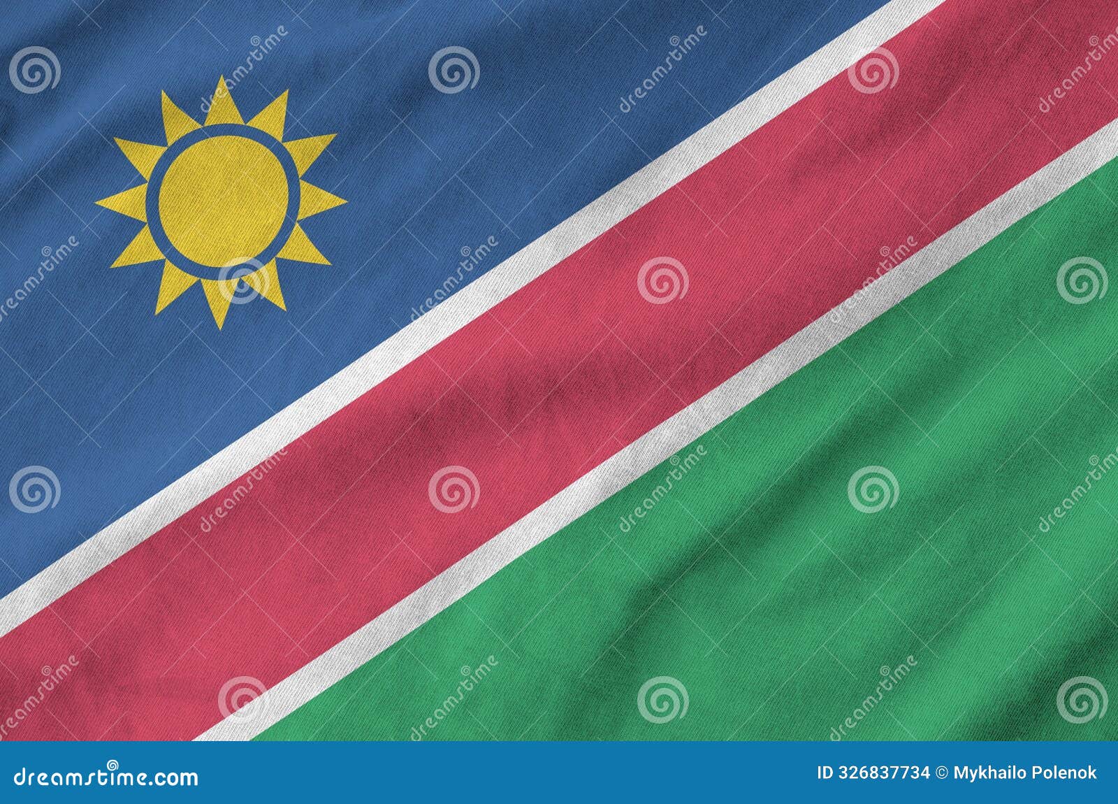 Namibia Flag Depicted on Folded Wavy Fabric of Old Cloth Stock Photo ...