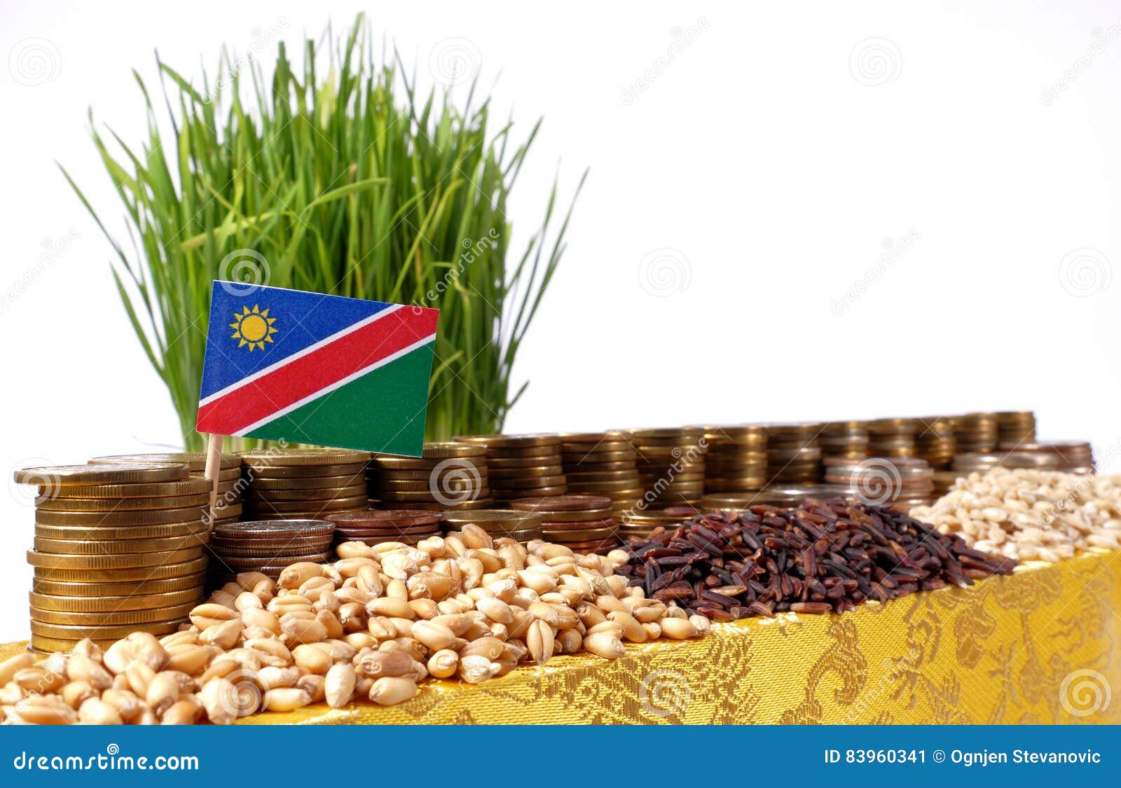 Namibia Flag Waving with Stack of Money Coins and Piles of Wheat Stock ...