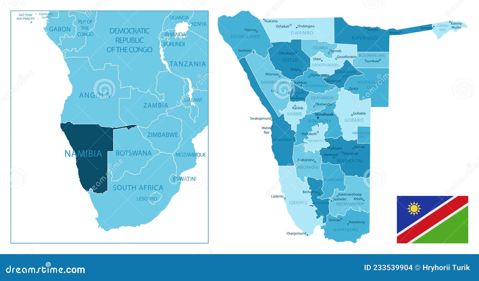 Namibia - Highly Detailed Blue Map. Stock Vector - Illustration of ...