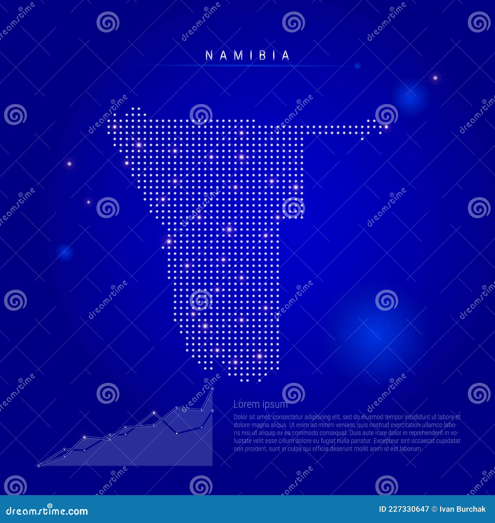 Namibia Illuminated Map with Glowing Dots. Dark Blue Space Background ...