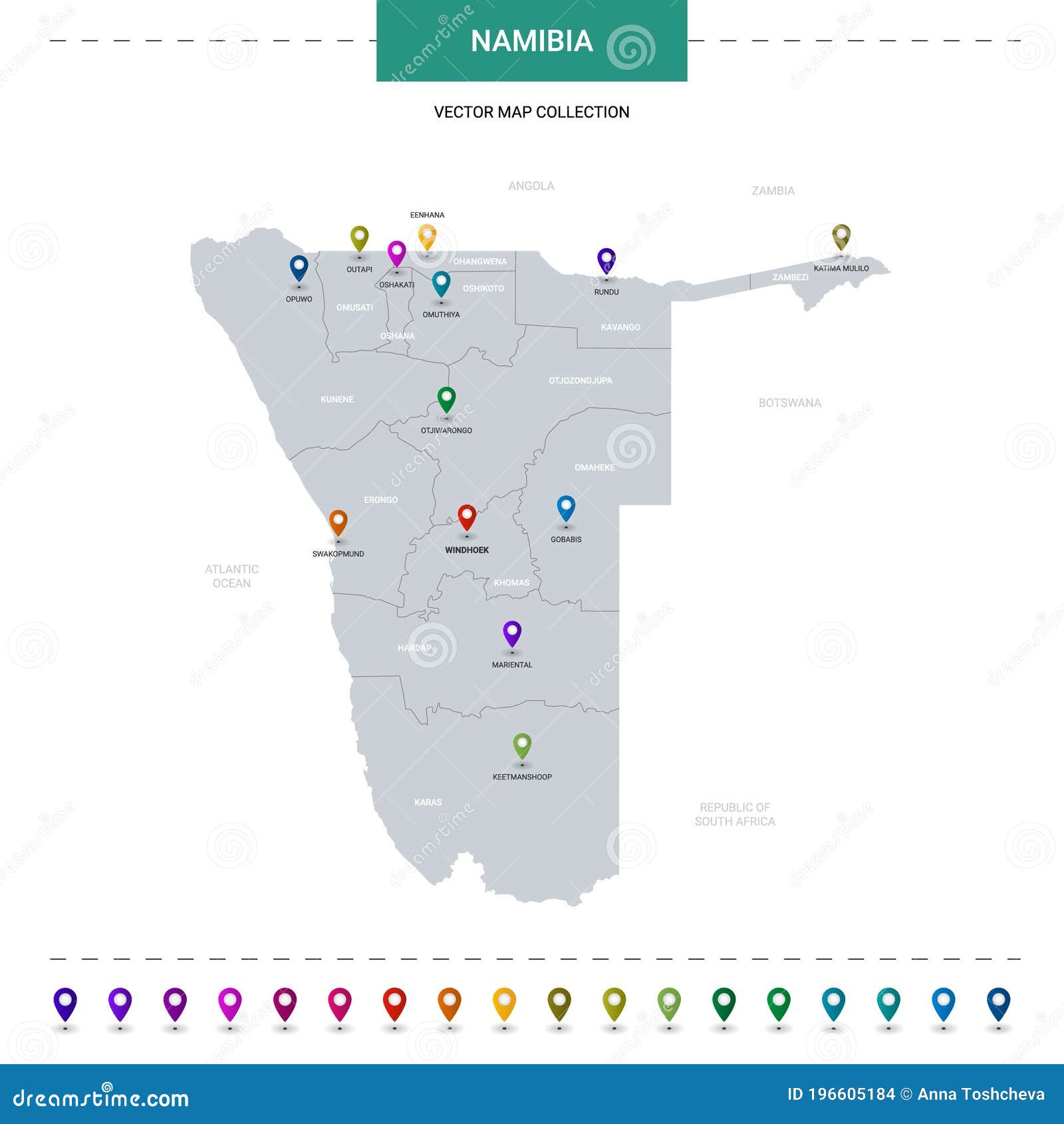 Namibia Map with Location Pointer Marks. Stock Vector - Illustration of ...