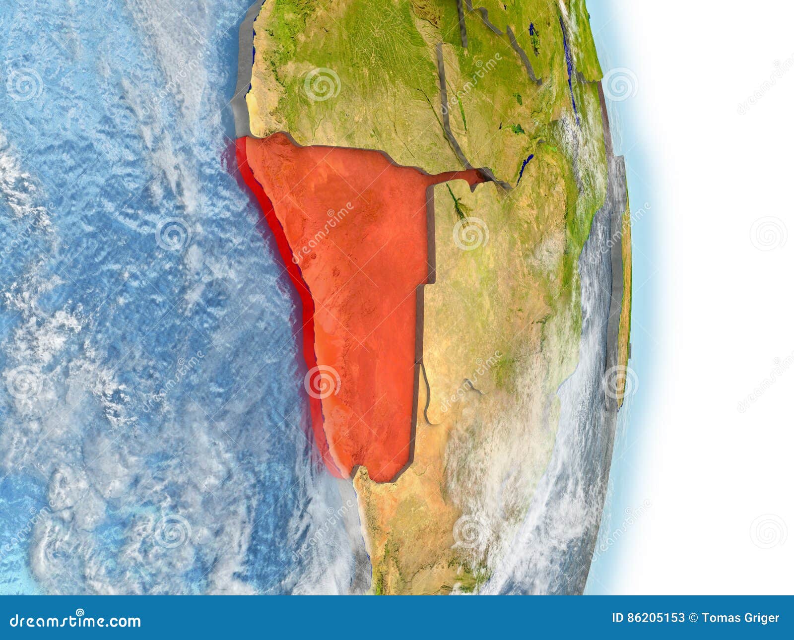 Namibia in red on Earth stock illustration. Illustration of clouds ...
