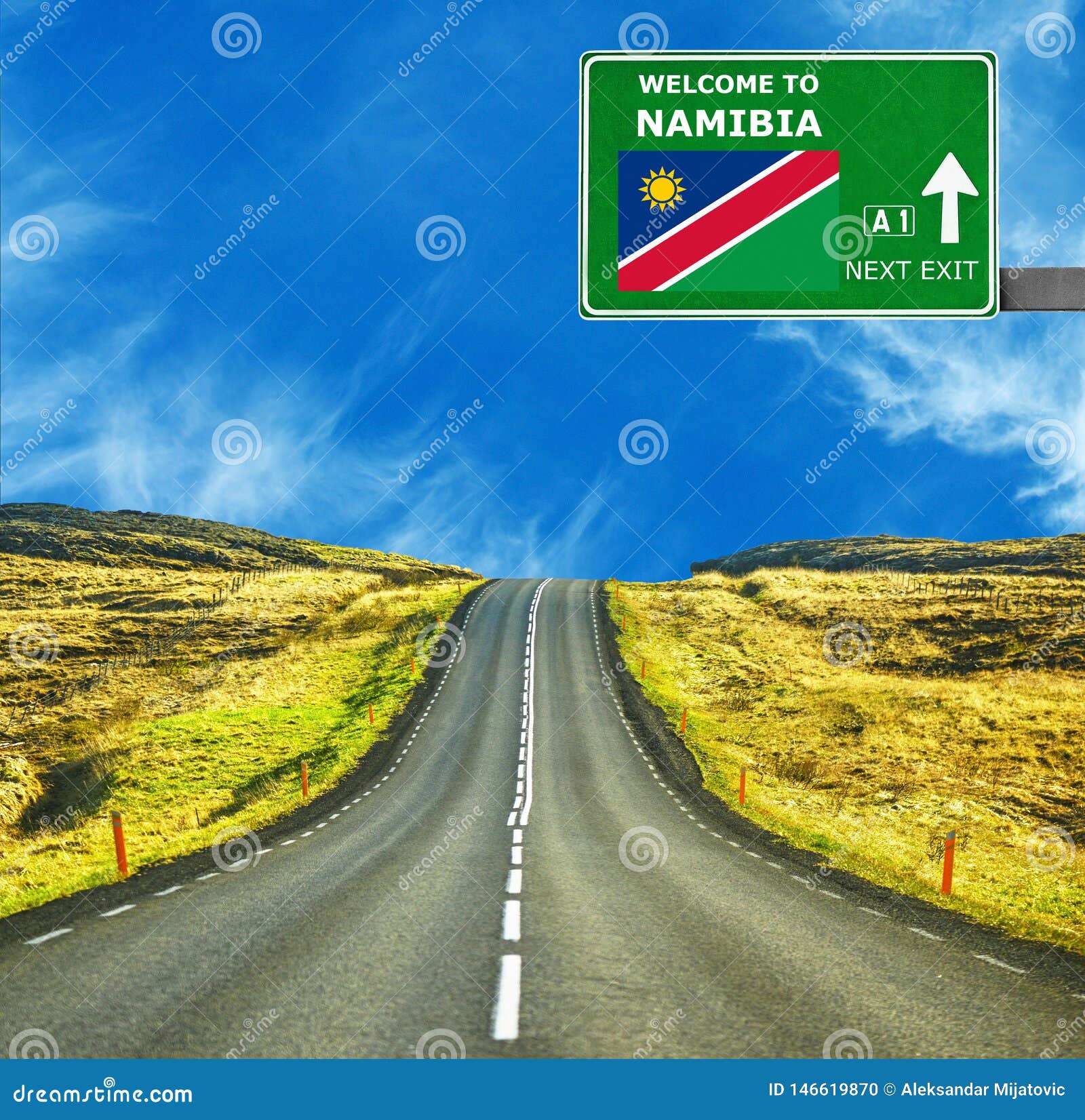Namibia Road Sign Against Clear Blue Sky Stock Photo - Image of highway ...