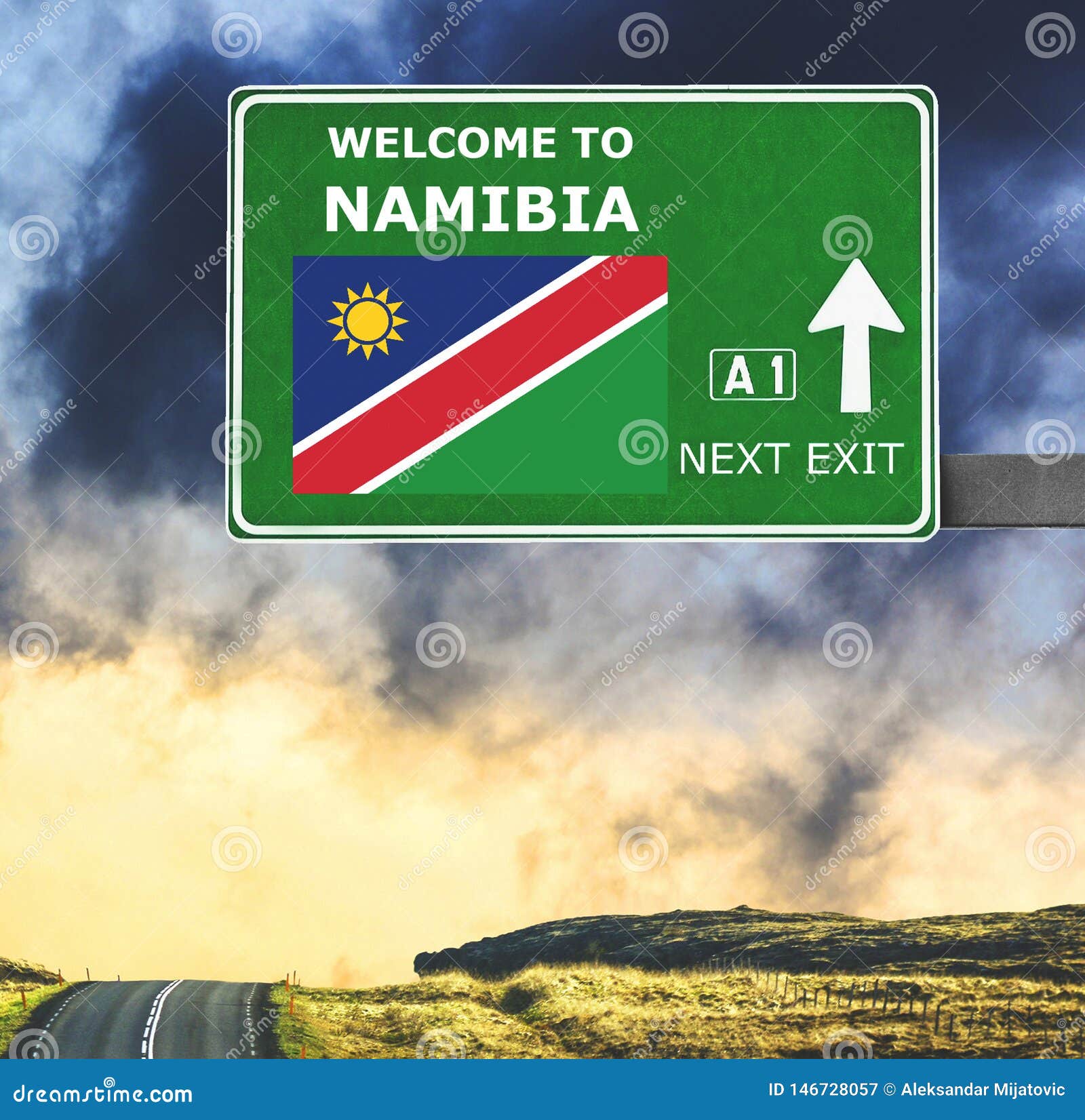 Namibia Road Sign Against Clear Blue Sky Stock Image - Image of green ...