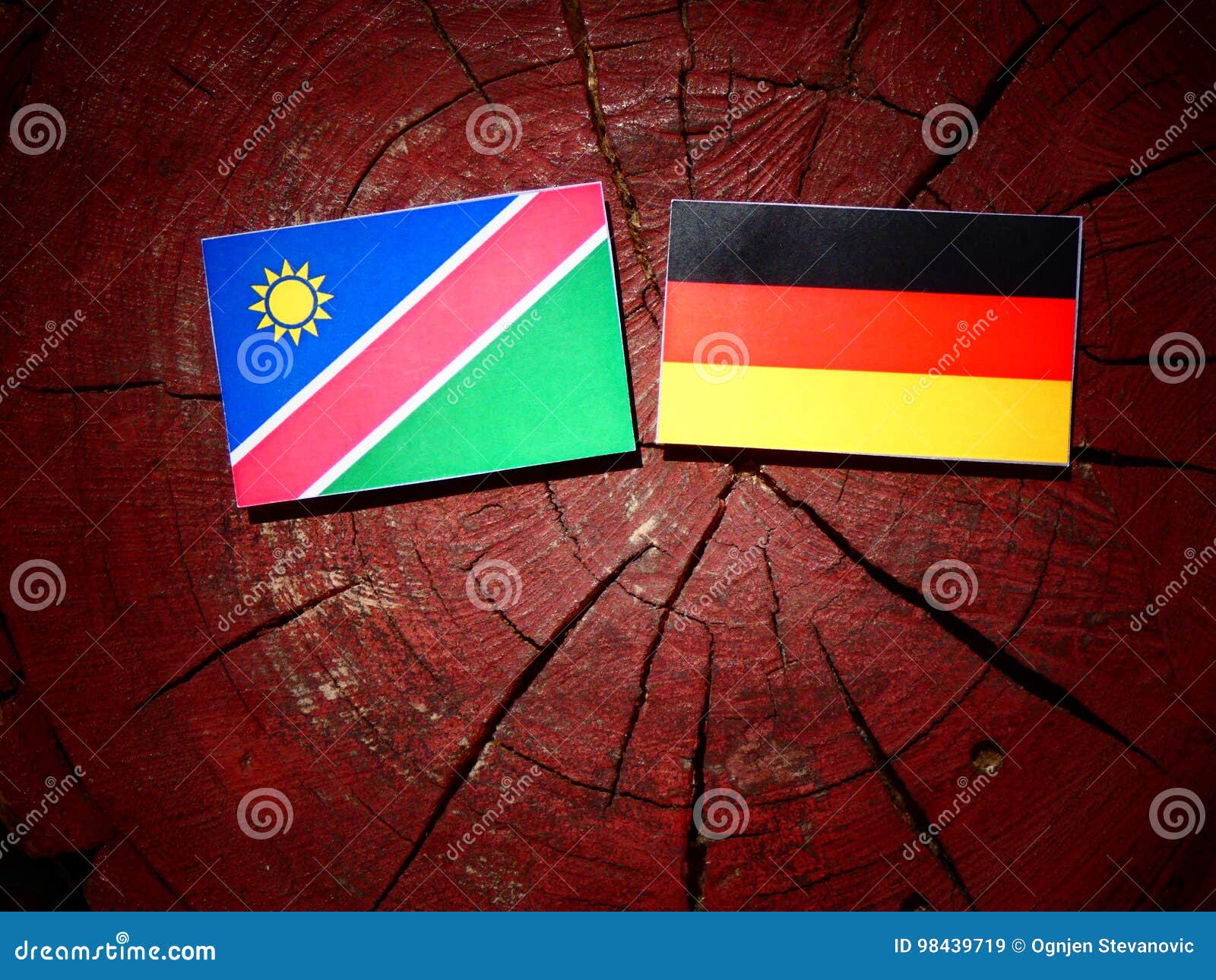 Namibian Flag with German Flag on a Tree Stump Isolated Stock Image ...
