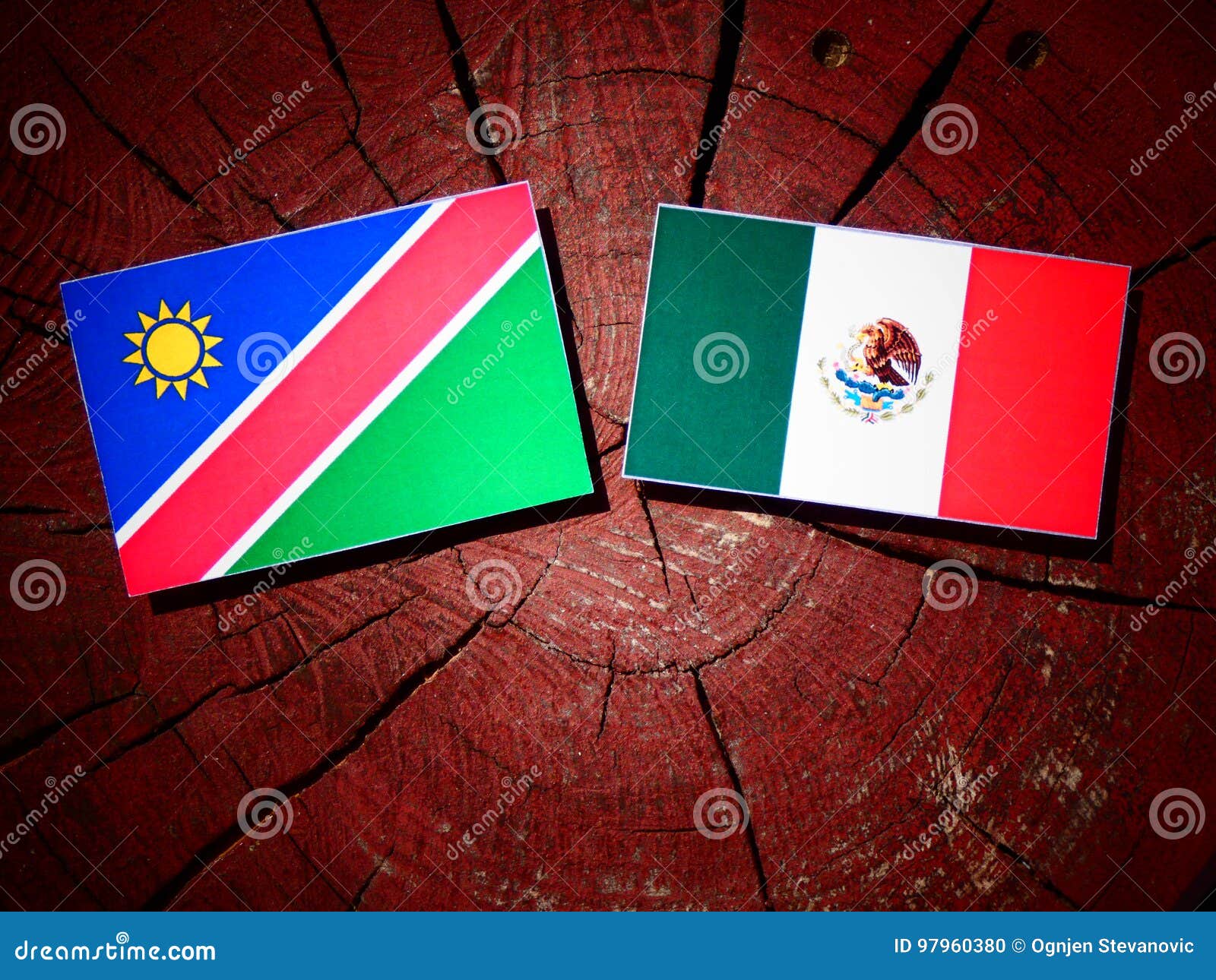 Namibian Flag with Mexican Flag on a Tree Stump Isolated Stock Photo ...