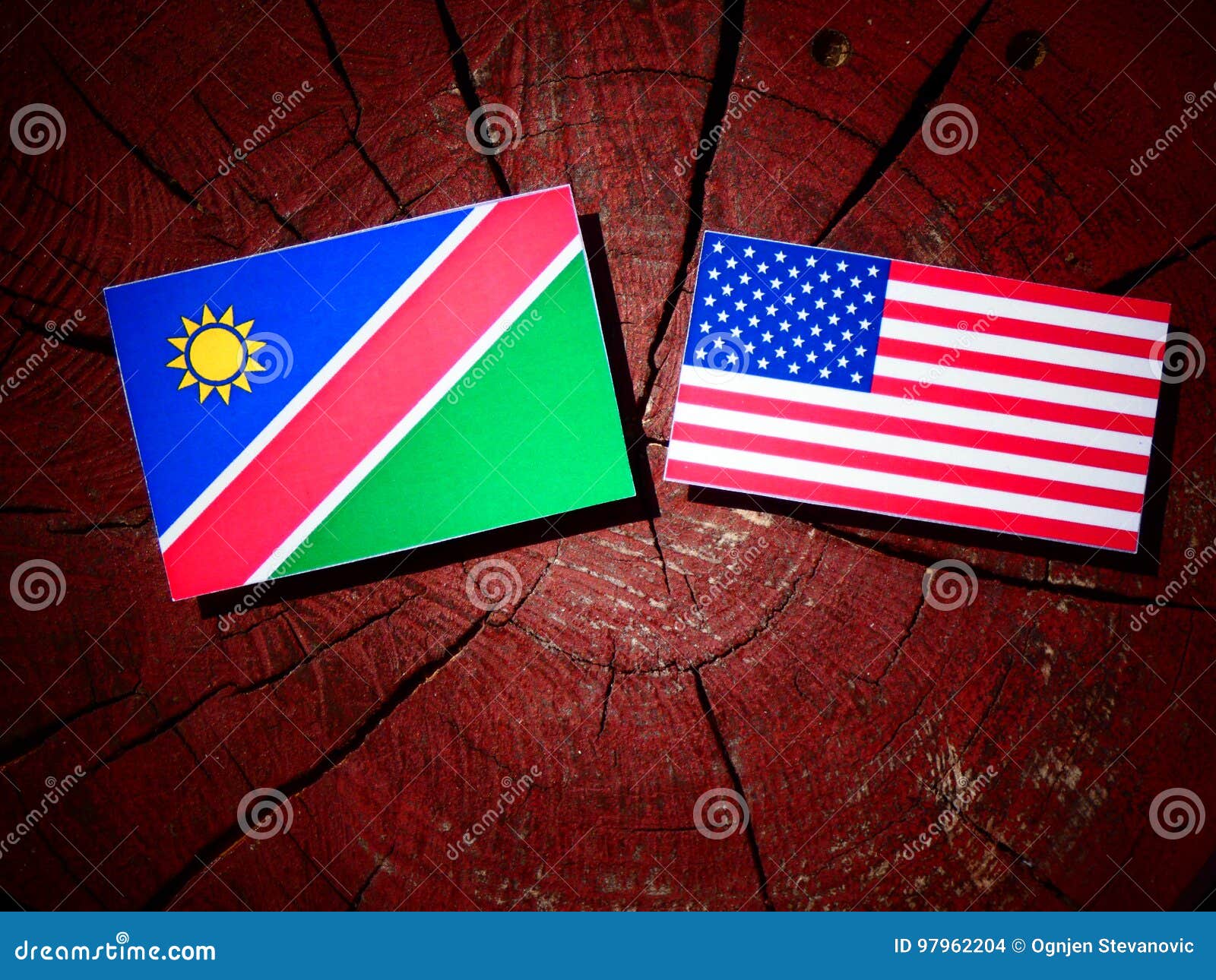 Namibian Flag with USA Flag on a Tree Stump Stock Photo - Image of ...