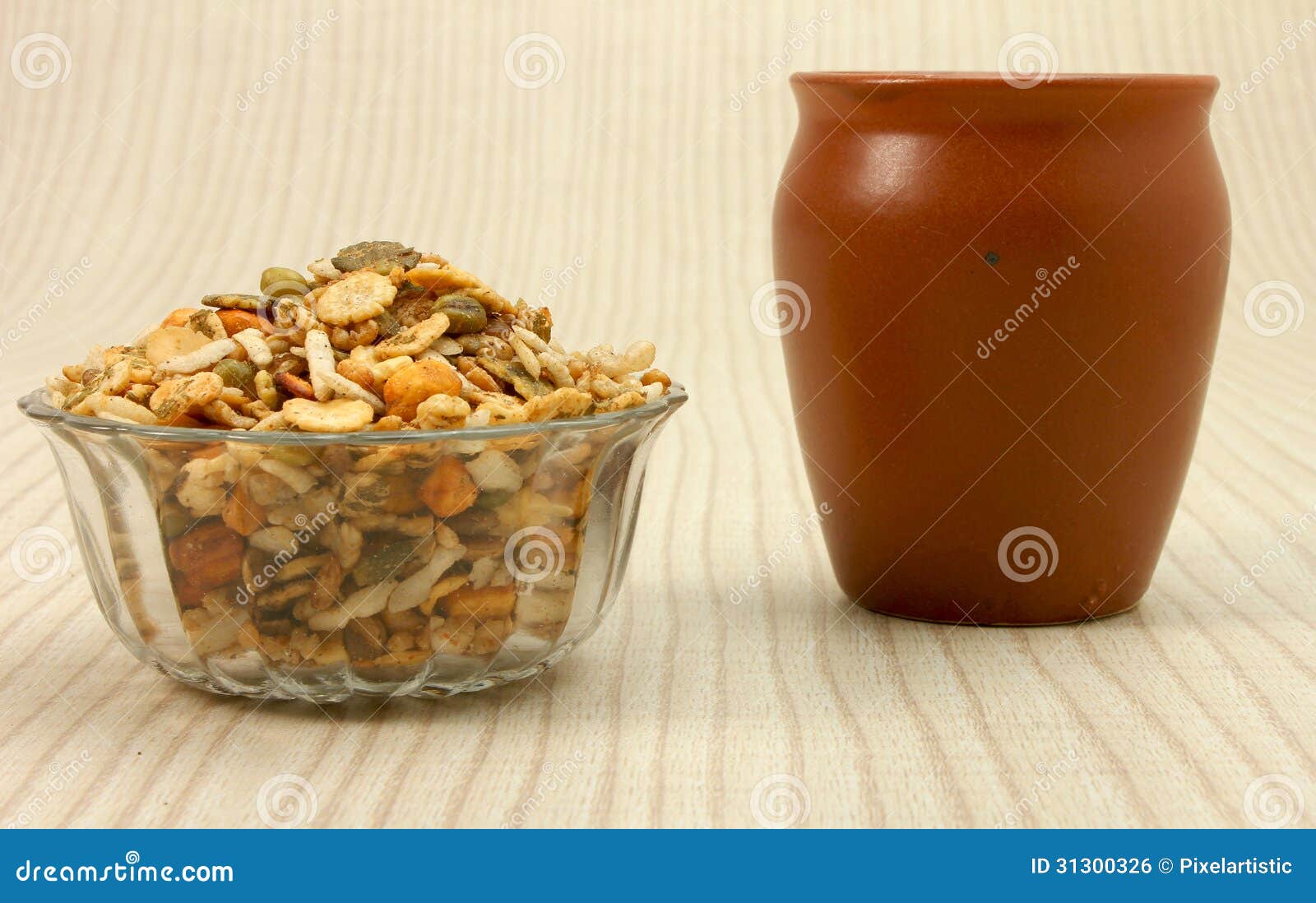 Namkeen in Glass Bowl with Ceramic Cup Stock Photo - Image of nimko ...