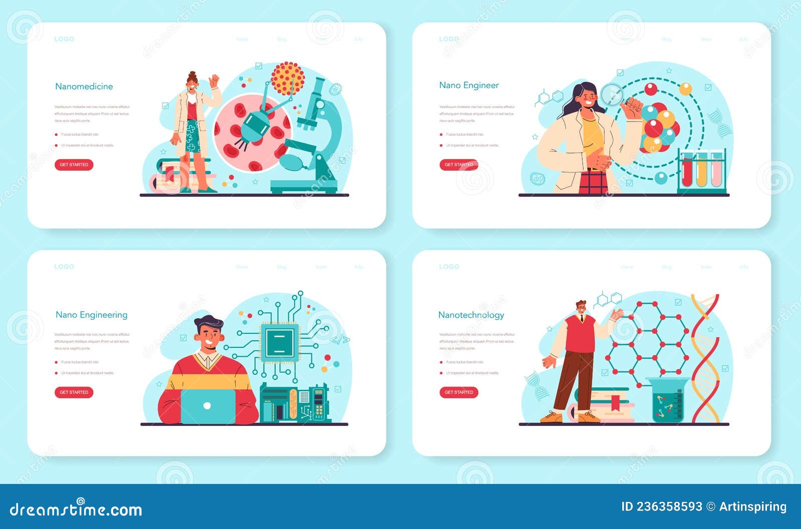 Nano Engineering Web Banner or Landing Page Set. Scientists Work Stock ...