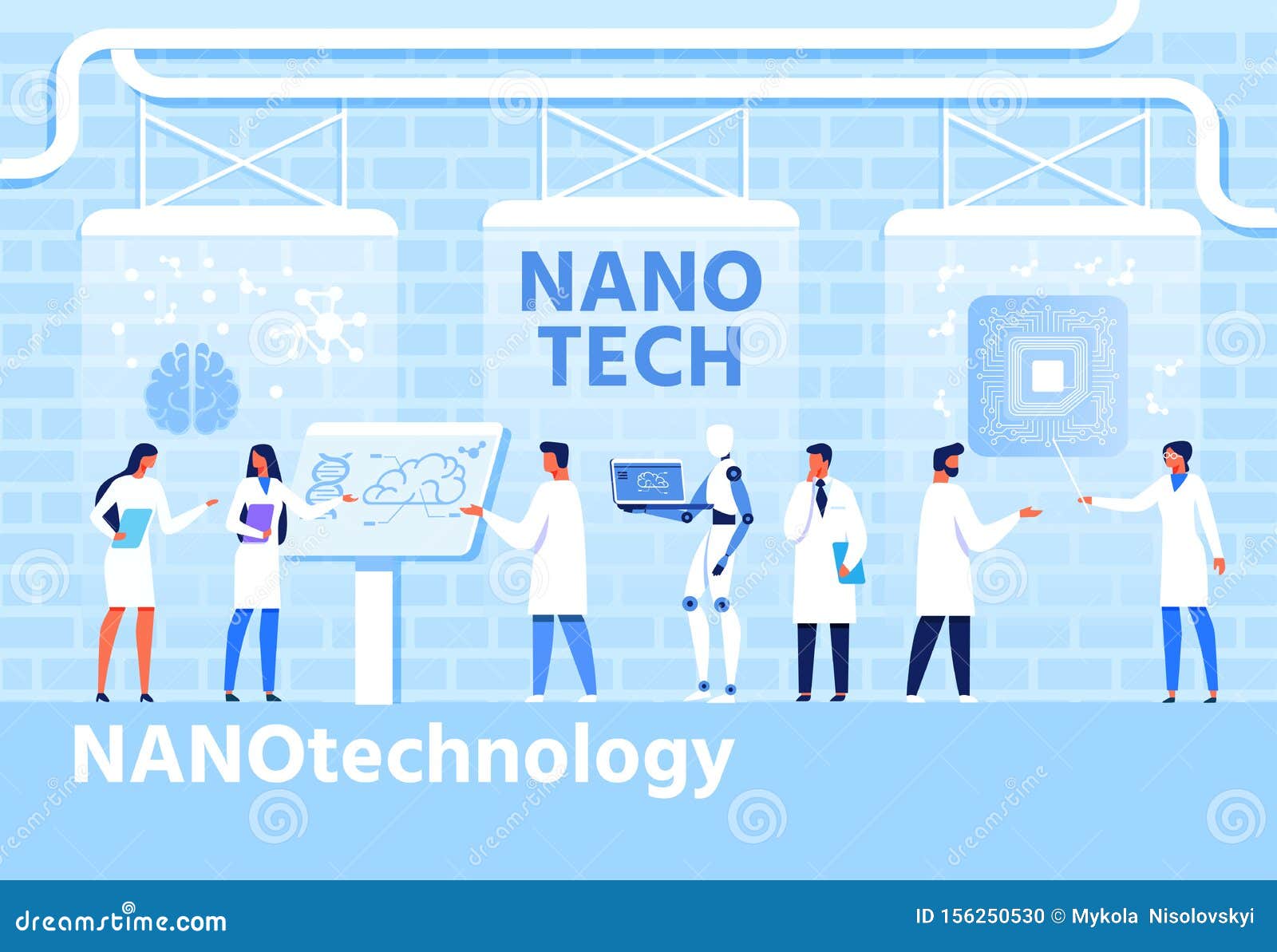 Nano Engineering Set. Scientists Work In Laboratory With Nanoparticle ...
