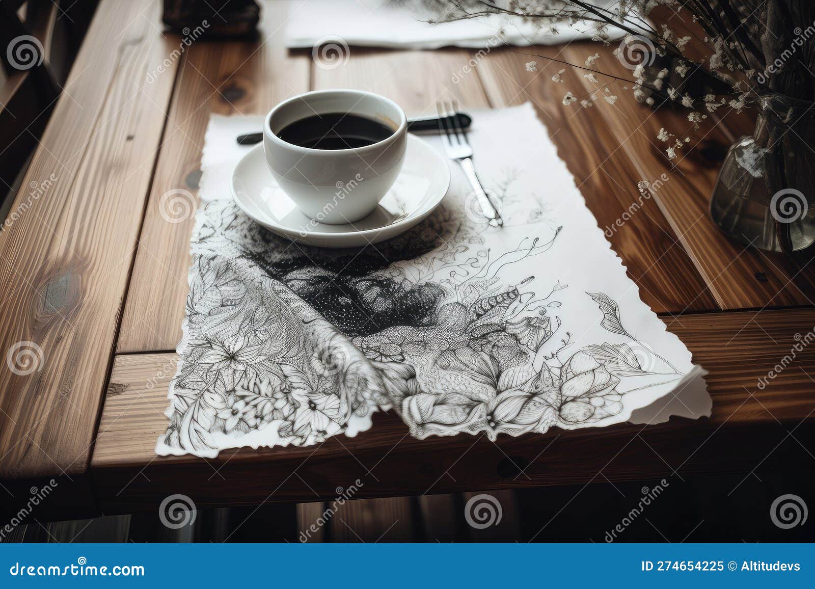 Napkin with Drawing in Black Pen at a Wooden Table Stock Illustration ...