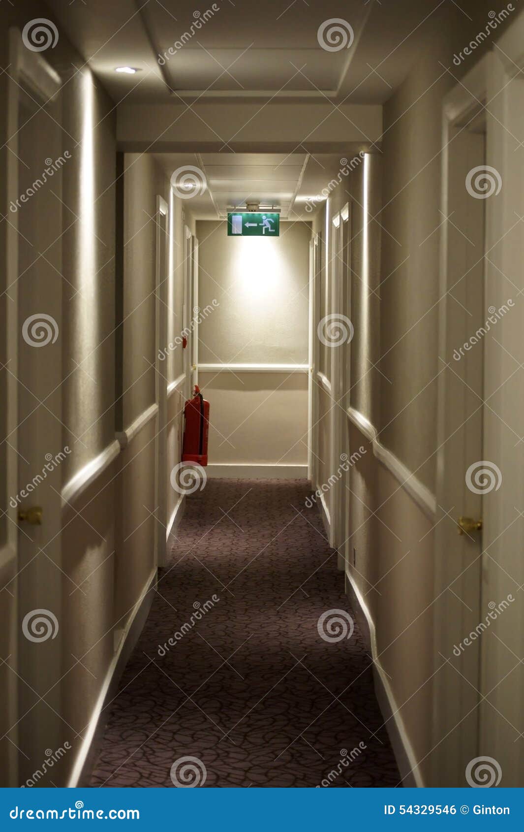Narrow Hallway with Escape Route Stock Photo - Image of hall, sign ...