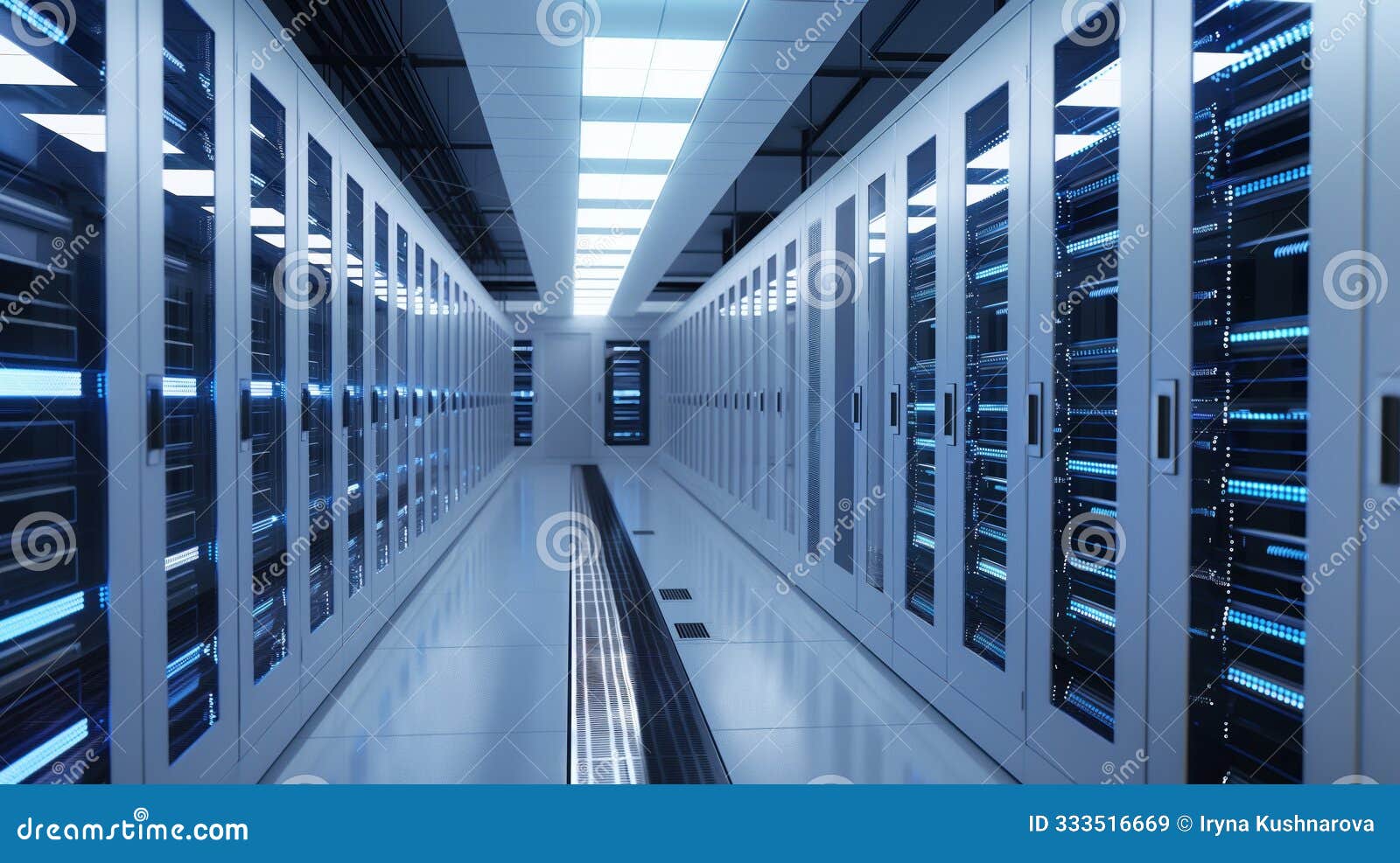Narrow Hallway Lined with Rows of White Computer Servers Featuring Blue ...