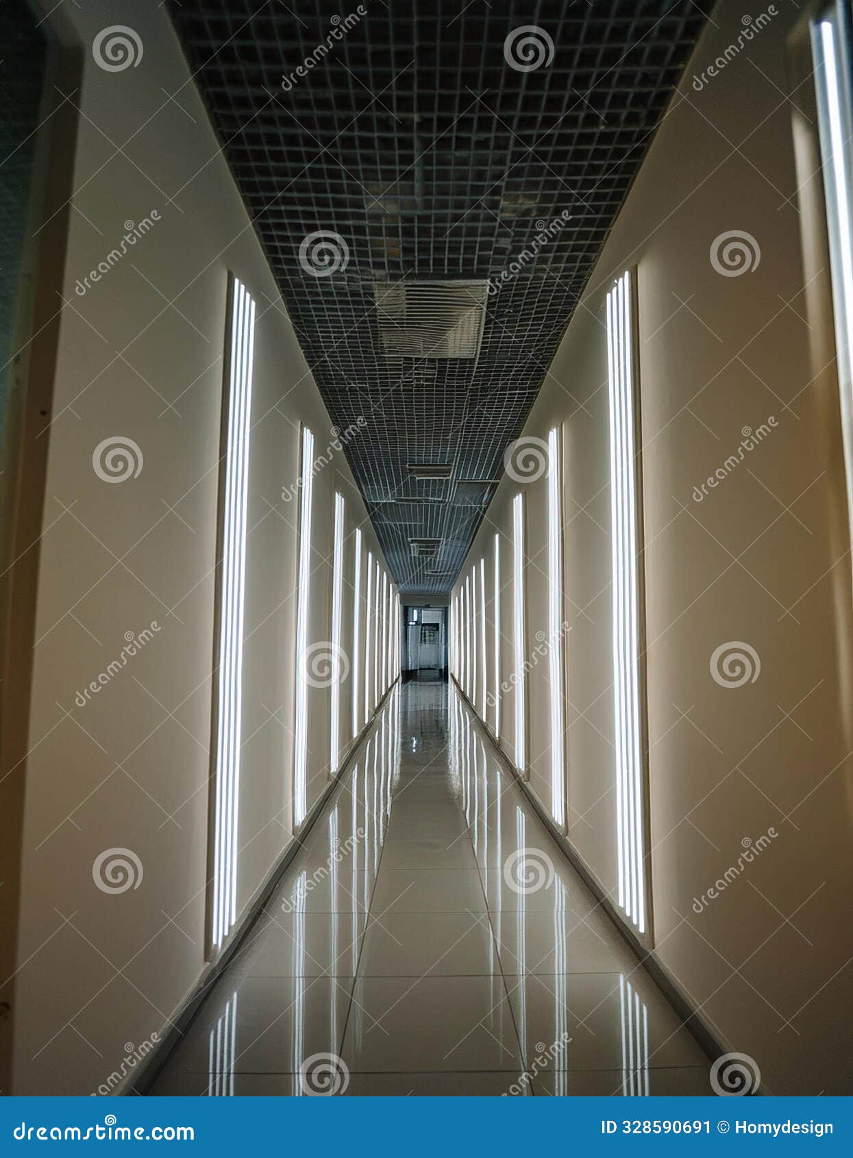 A Narrow, Minimalist Hallway Glows With Vertical Light Strips Royalty ...