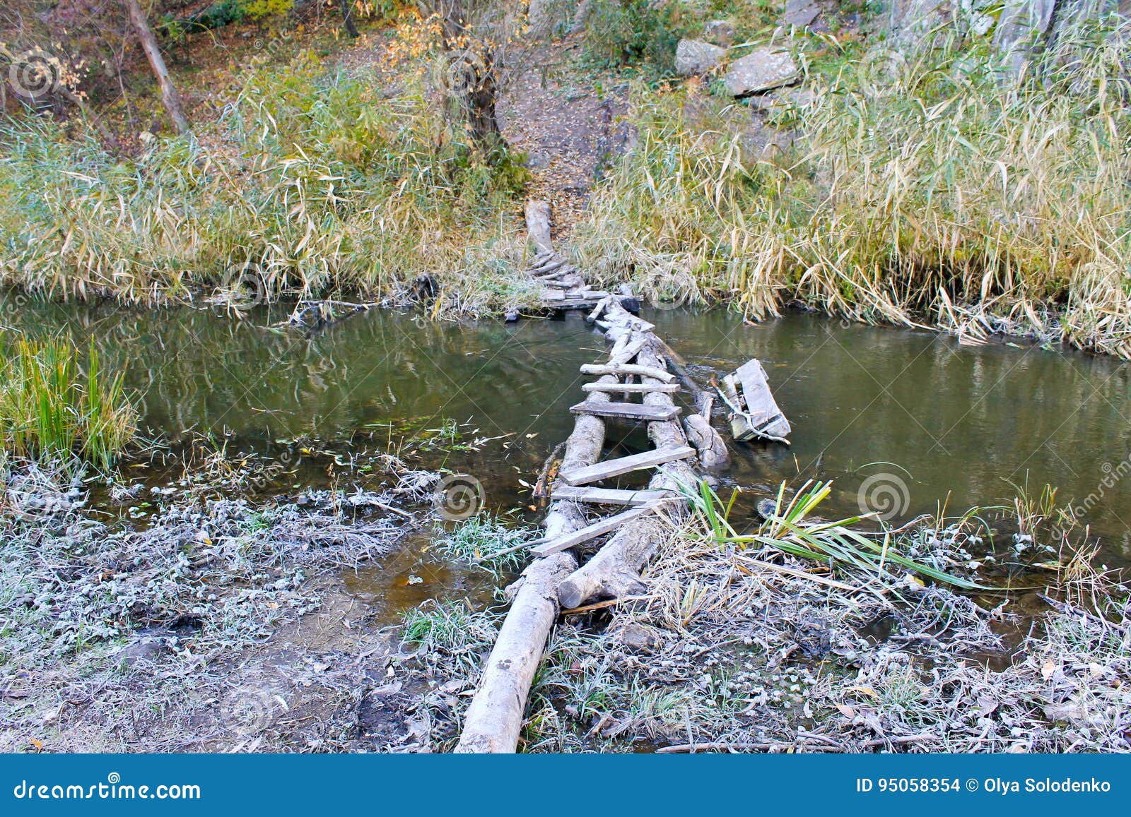Narrow Old Wooden Bridge Across Small River Stock Photo - Image of ...