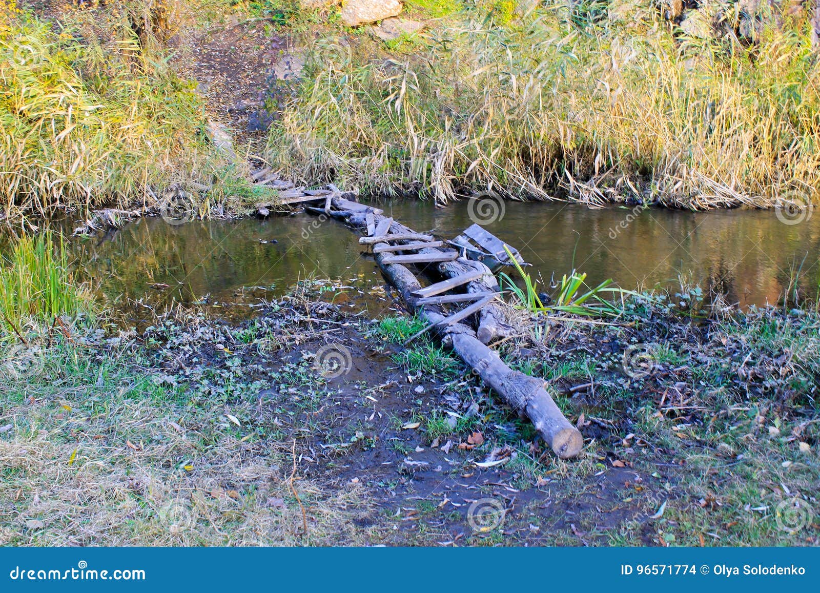 Narrow Old Wooden Bridge Across Small River Stock Photo - Image of ...
