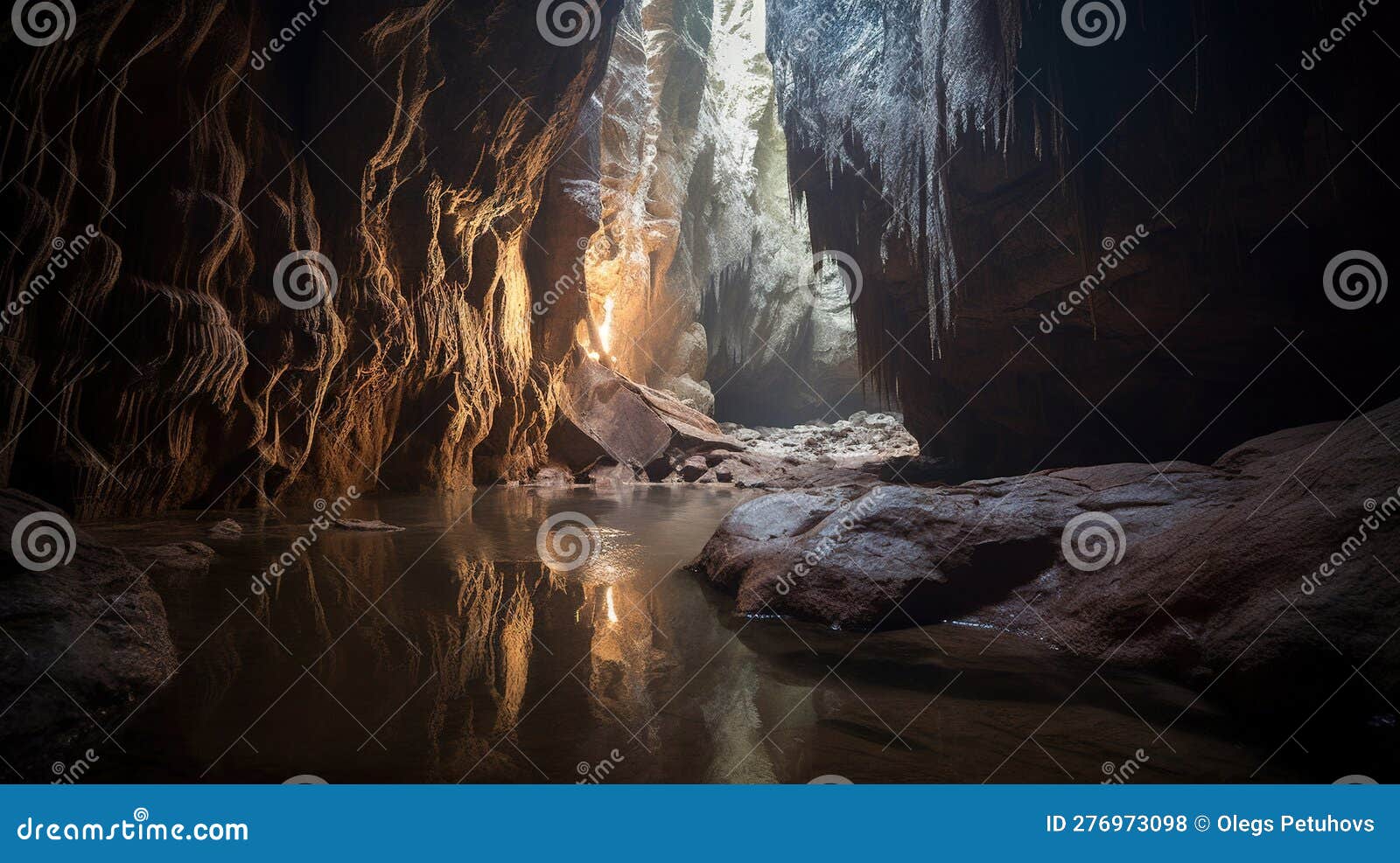 A Narrow River in a Cave with a Light Coming through Stock Illustration ...