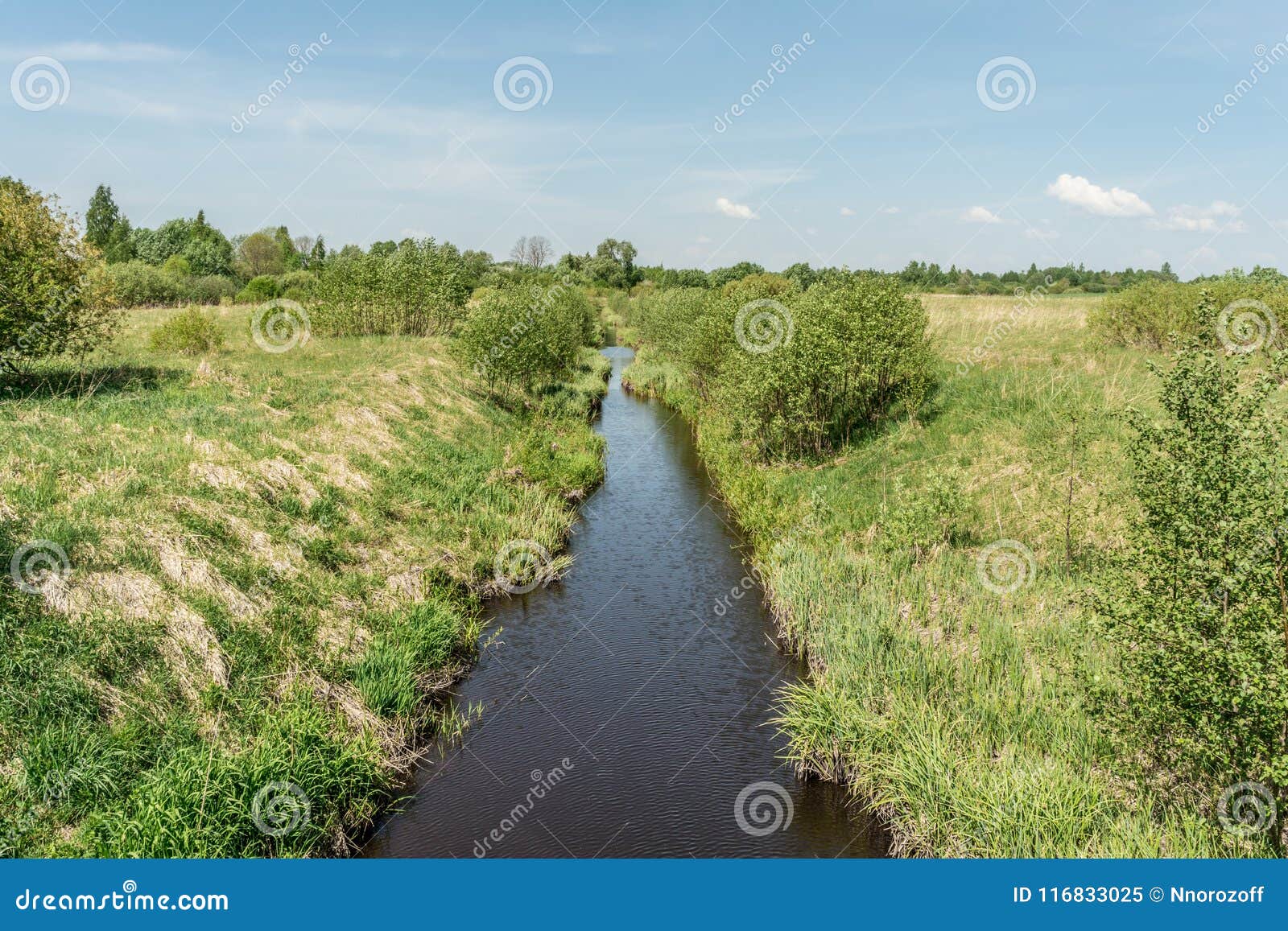 Narrow River Flows through a Field with Trees To the Horizon, a ...