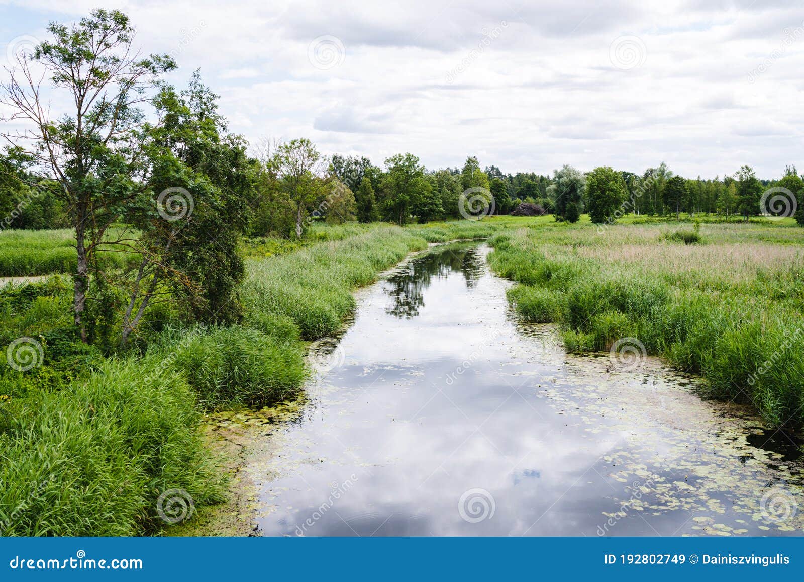 A Narrow River In A Park With A Bridge Over It In The Background ...