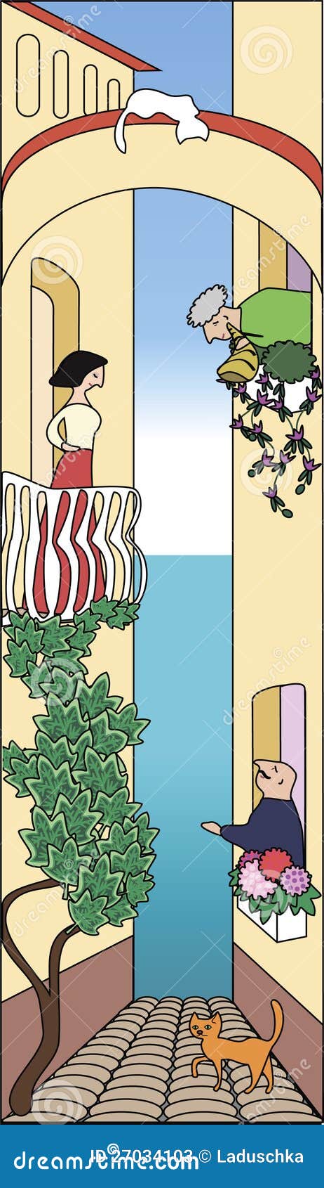 Narrow Street with 3 Characters Stock Vector - Illustration of lady ...