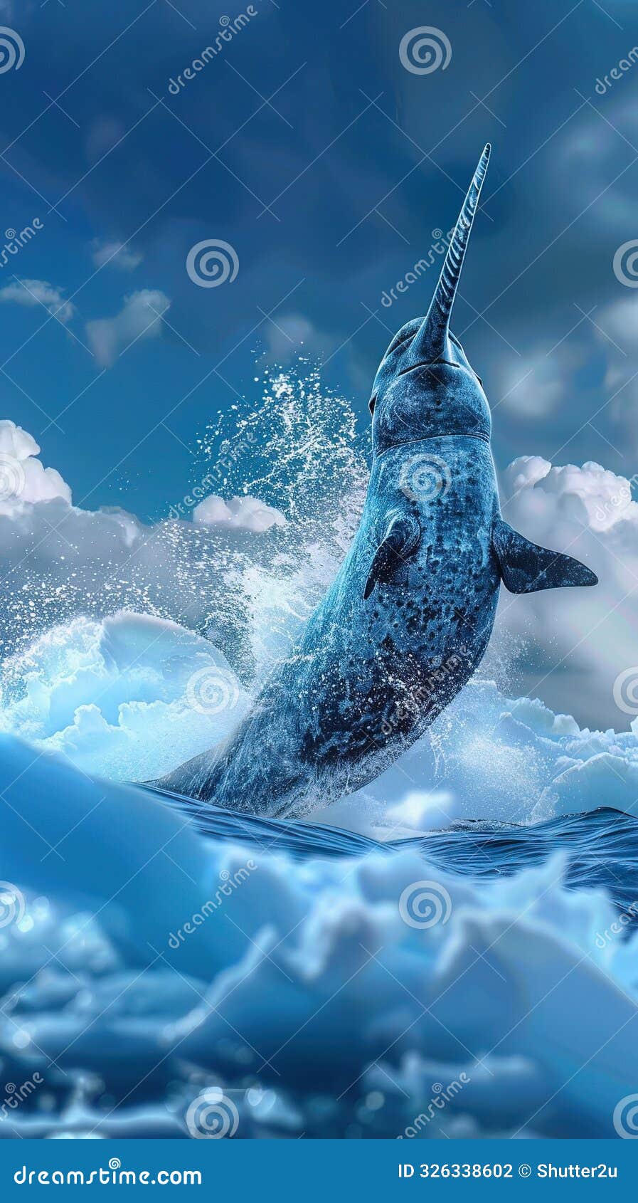 A Narwhal with a Neon Blue Sonic Horn Breaking through the Arctic Ice ...