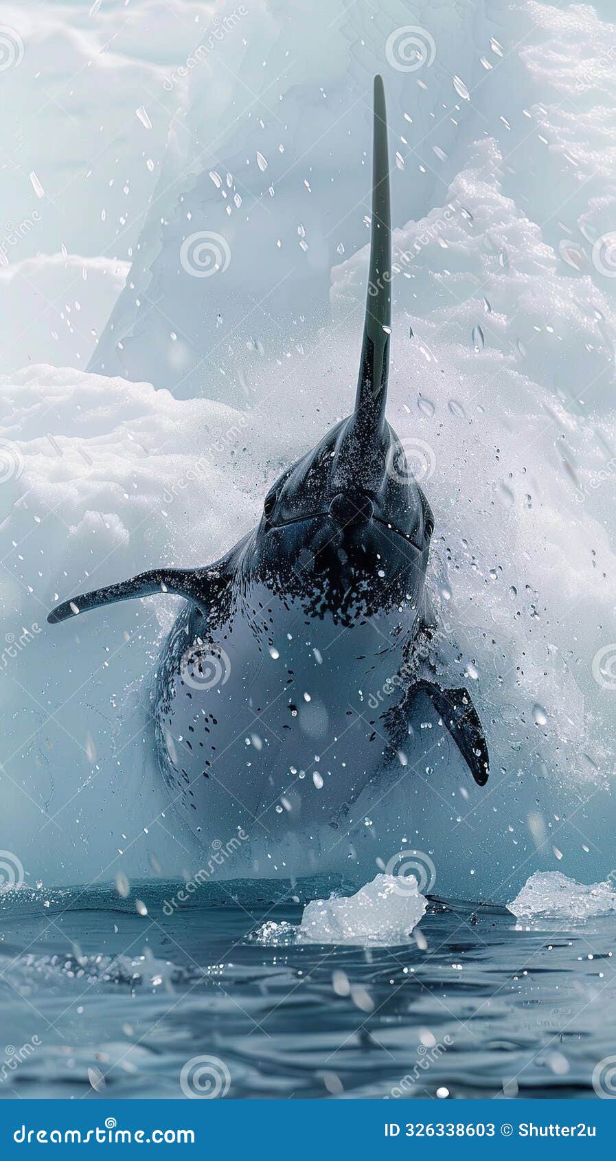 A Narwhal with a Neon Blue Sonic Horn Breaking through the Arctic Ice ...