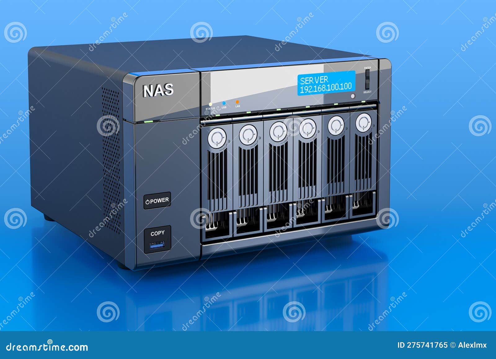 NAS with 6 Disks on Blue Background, 3D Rendering Stock Illustration ...