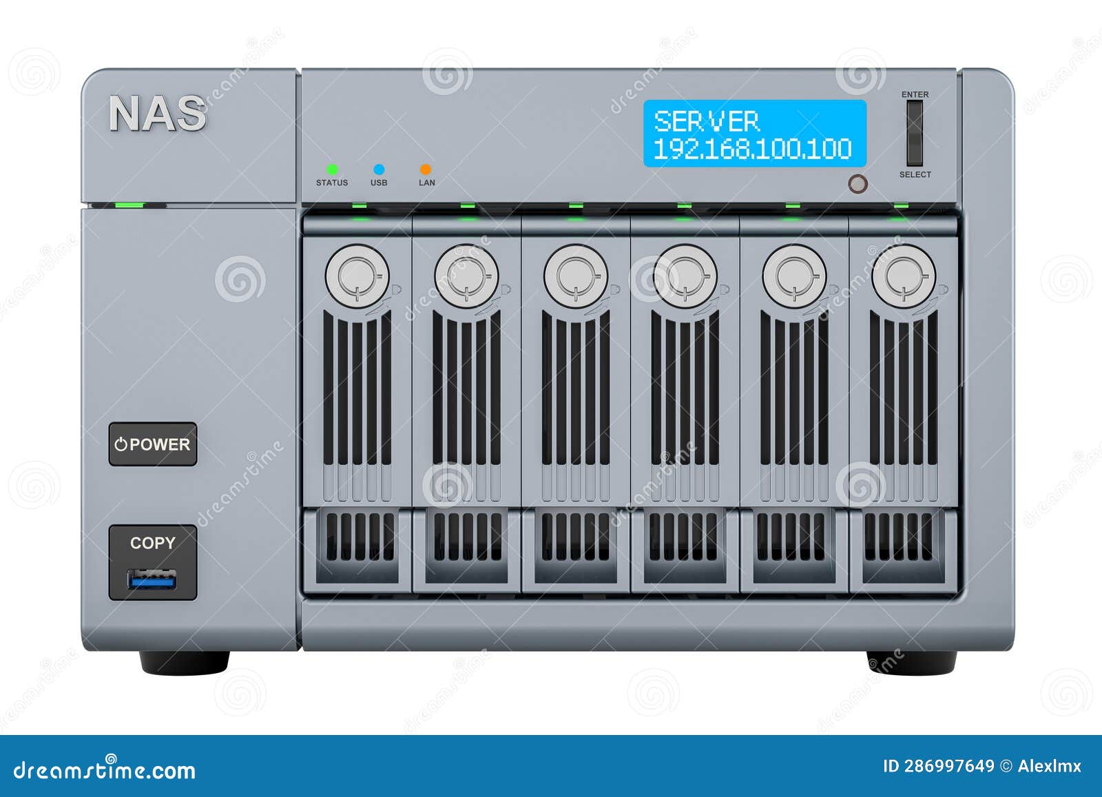 NAS with Six Disks, Front View. 3D Rendering Stock Illustration ...