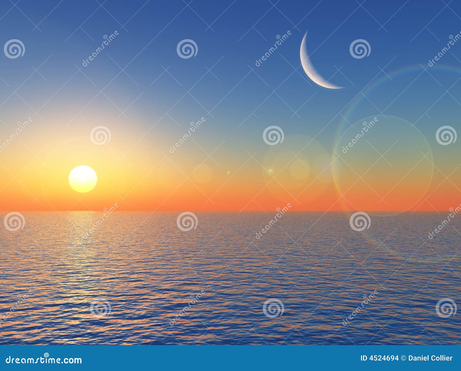 Nascer Do Sol Sobre O Mar Com Lua Ilustração Stock - Ilustração de ...