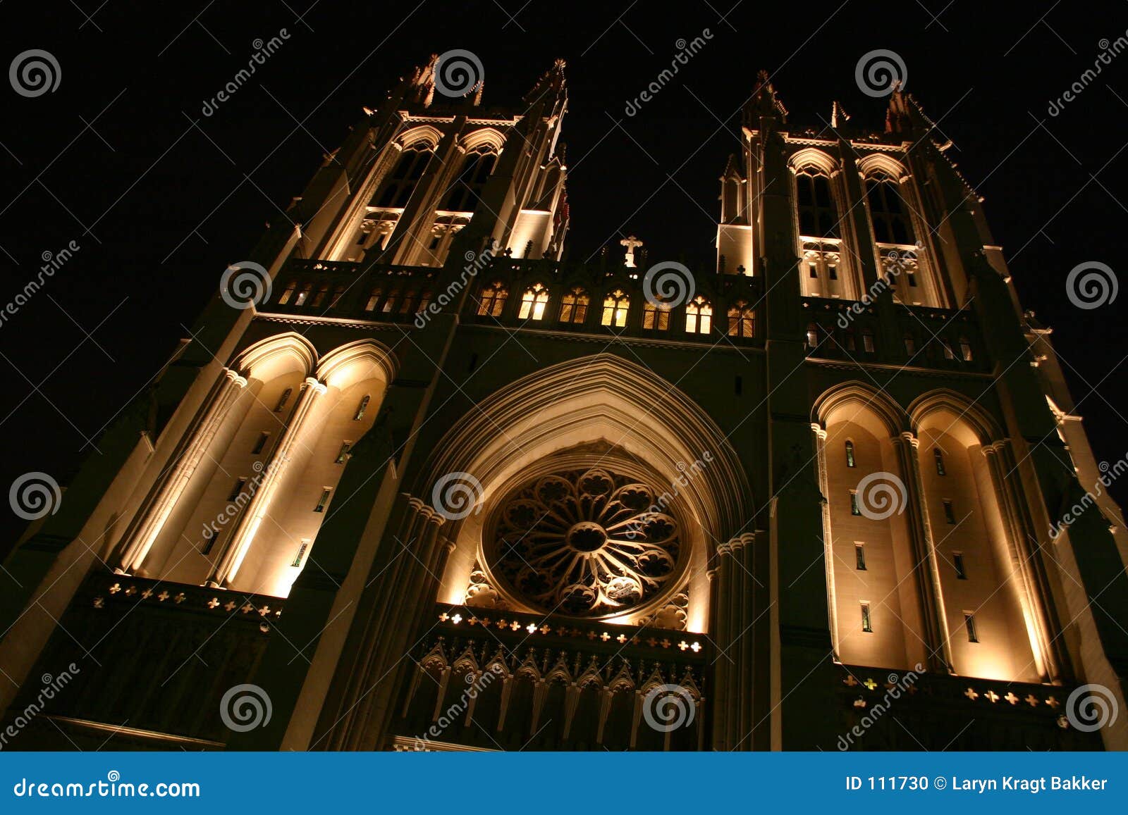 National Cathedral, Angled and Lit for Looming Effect Stock Photo ...