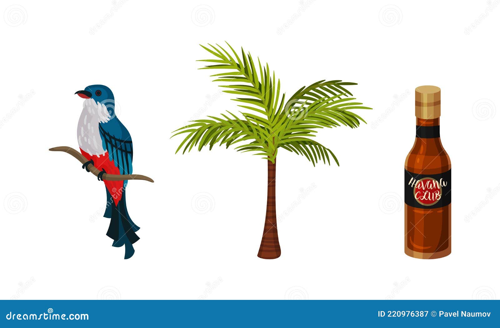National Cuba Symbols with Cuban Trogon or Tocororo and Rum Vector Set ...