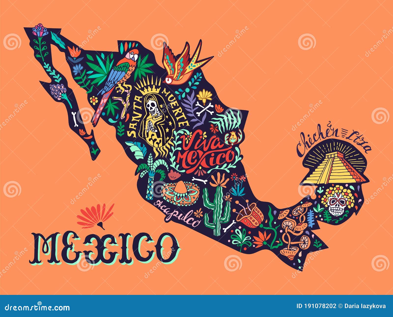 Illustrated Stylized Map of Mexico. Stock Vector - Illustration of ...
