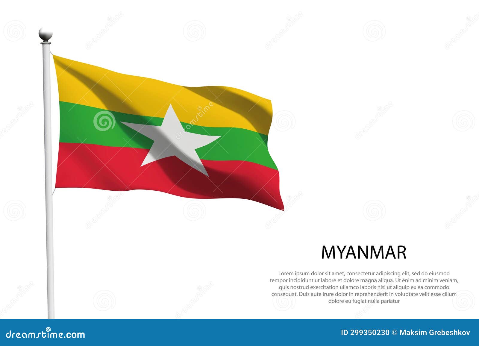 National Flag Myanmar Waving on White Background Stock Photo - Image of ...
