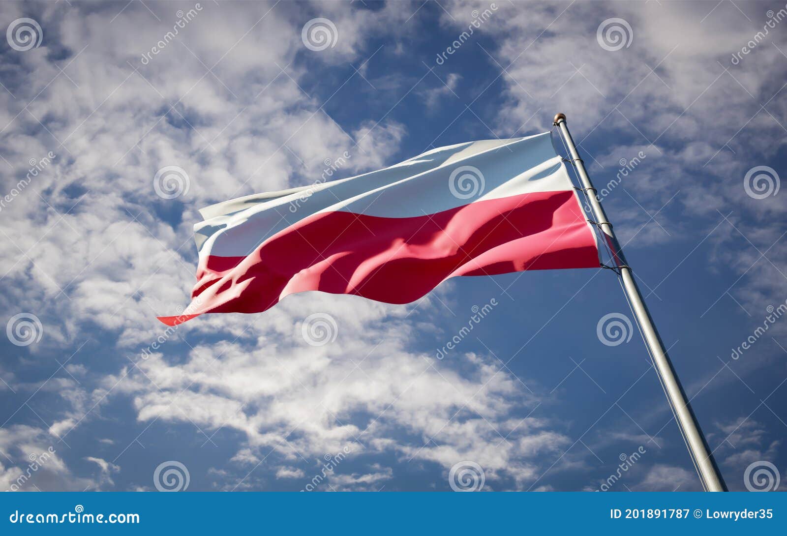 National State Flag of Poland Fluttering at Sky Background Stock Image ...