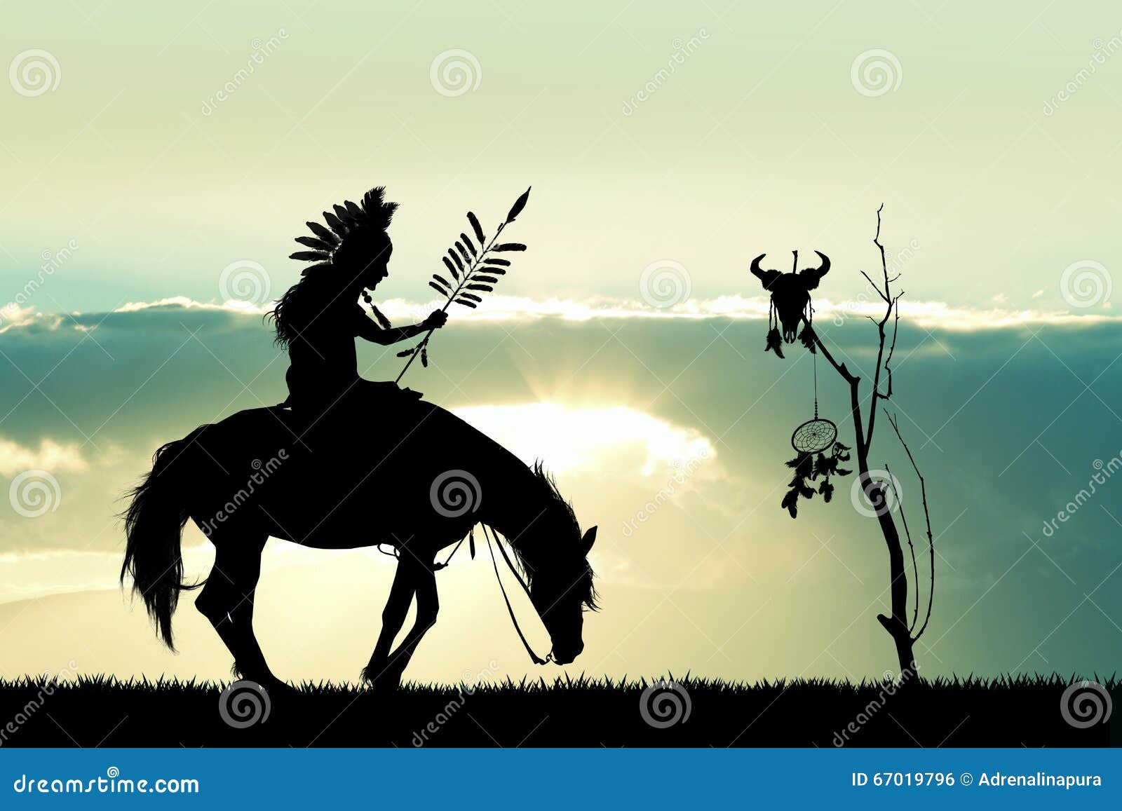 Native America Indian on Horseback at Sunset Stock Illustration ...
