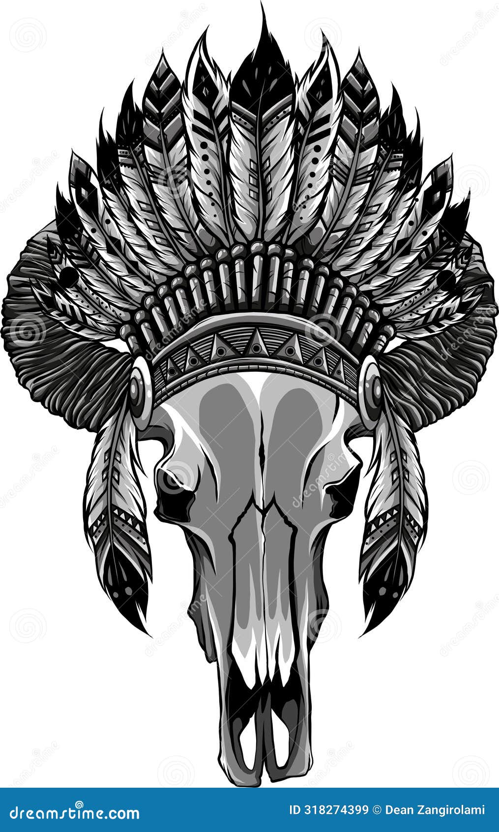 Vector Illustration of Native American Bull Skull with Feathers Stock ...