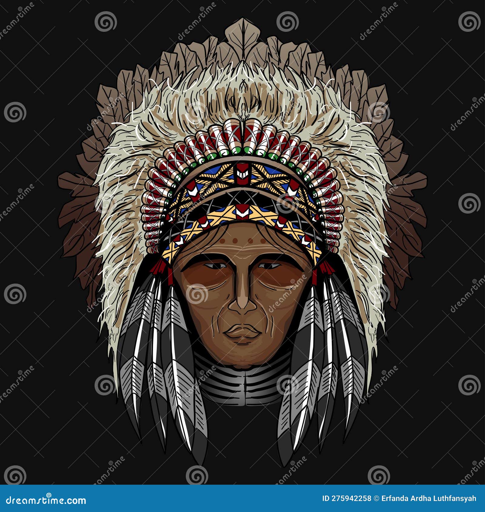 Native American Chief in Full Headdress Stock Illustration ...