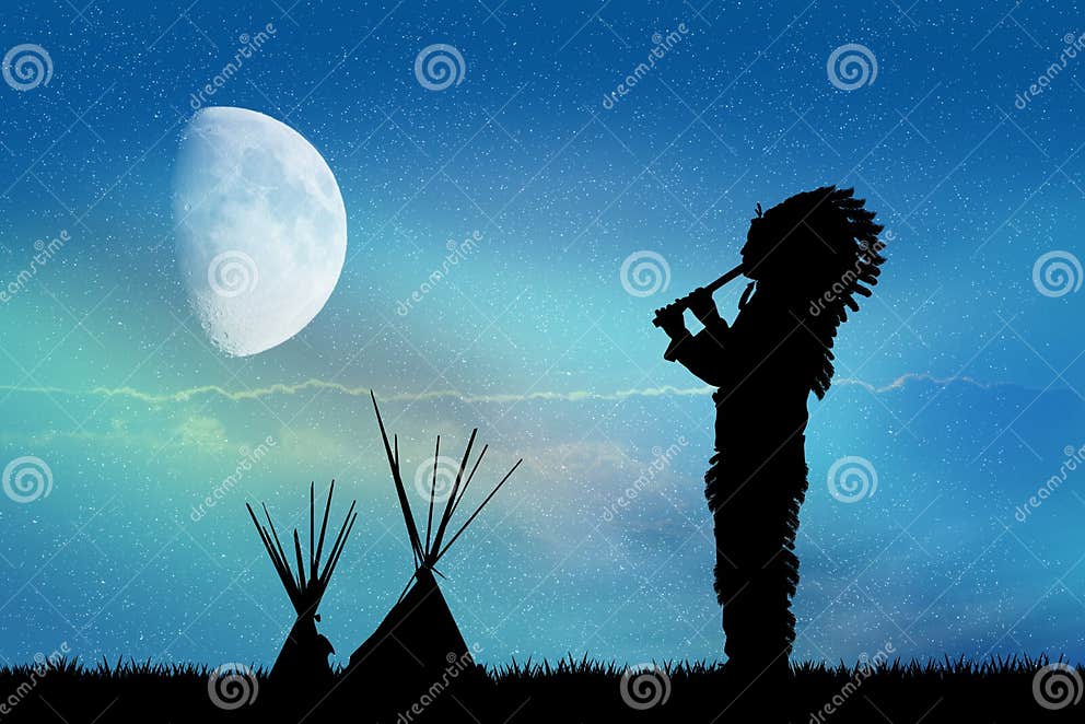 Native American Indian in the Moonlight Stock Illustration ...