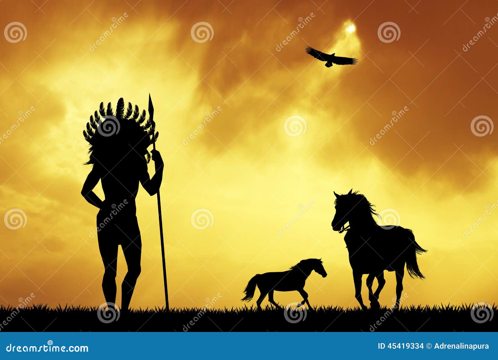 Native American Indian at Sunset Stock Illustration - Illustration of ...