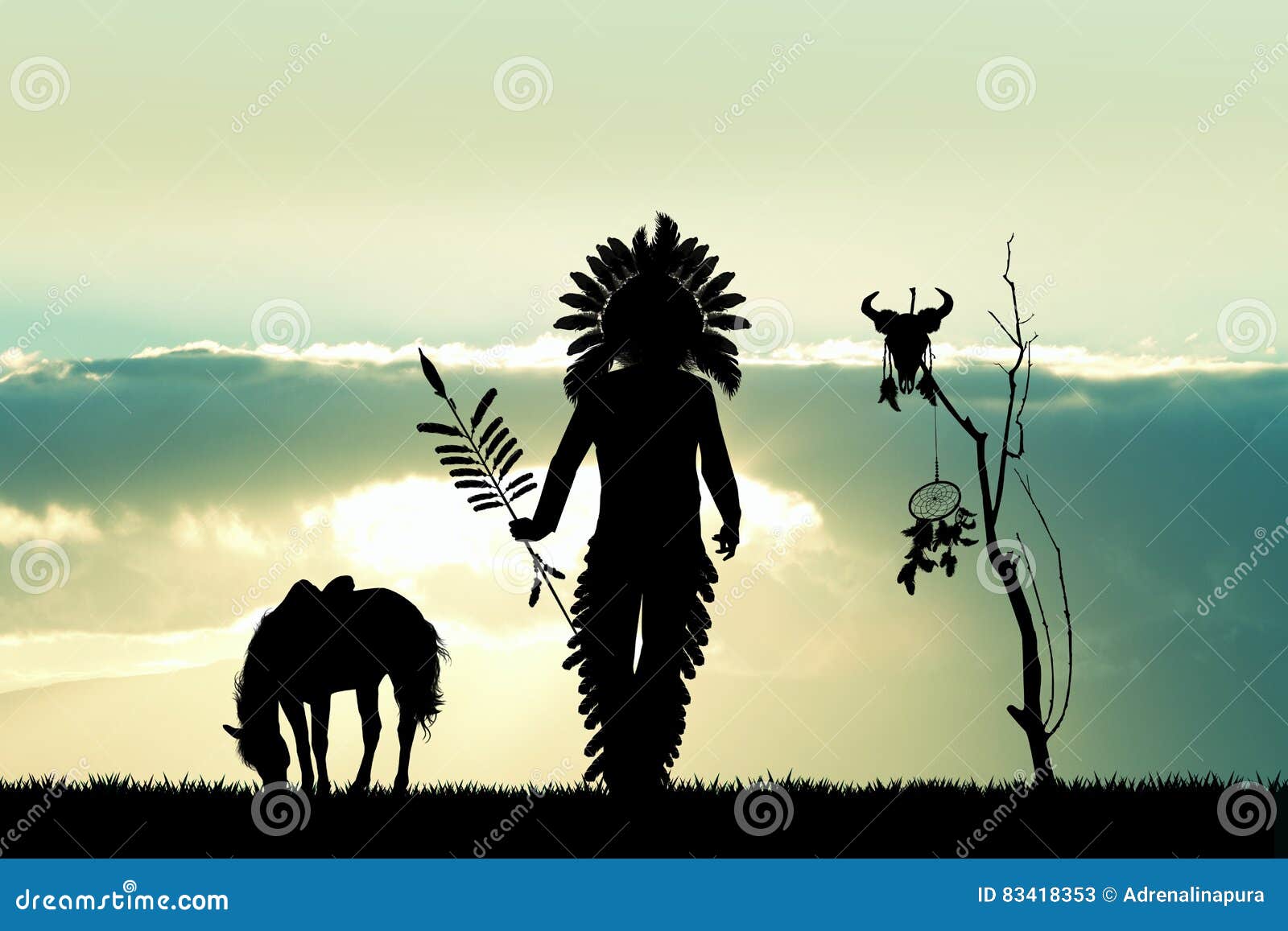 Native American Indian at Sunset Stock Illustration - Illustration of ...