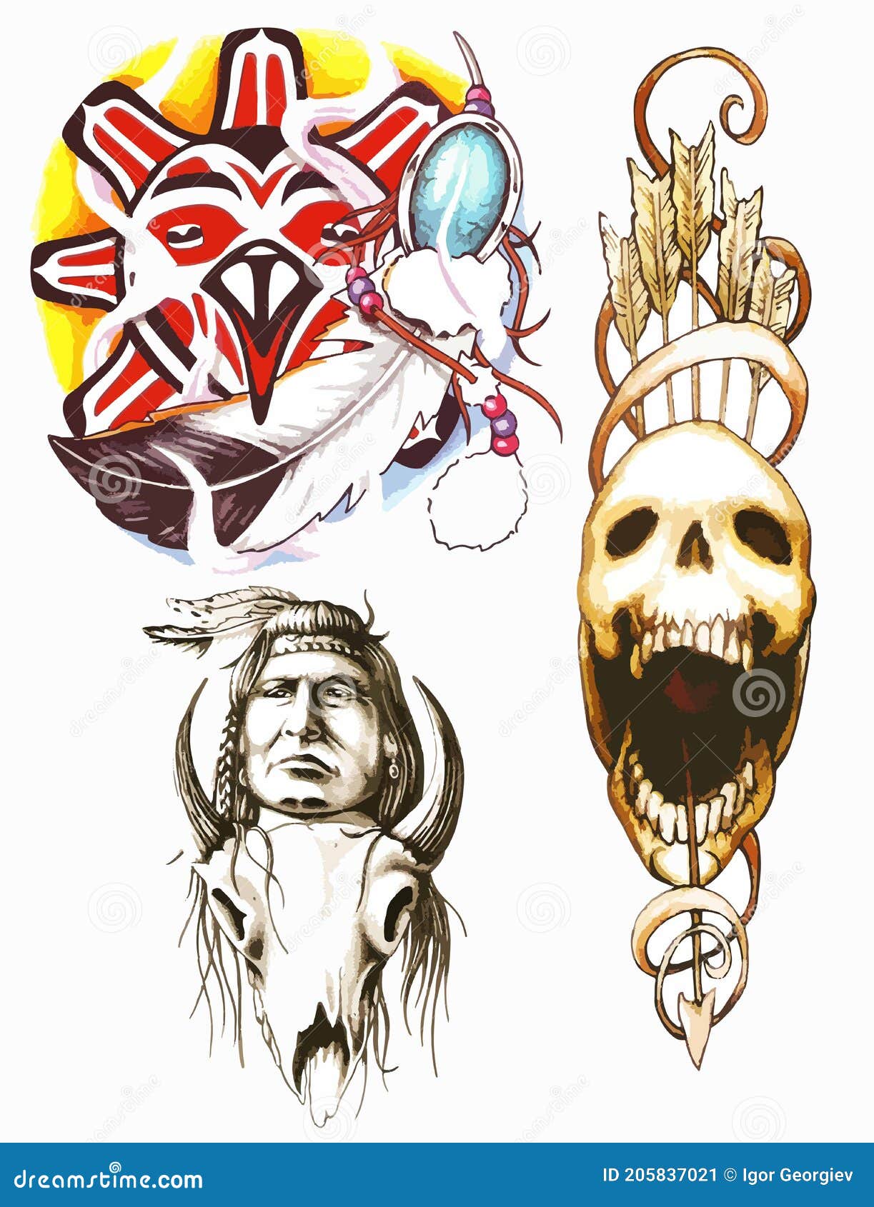 Native American Indians Tattoo Set. Set of Labels and Elements. Vector ...