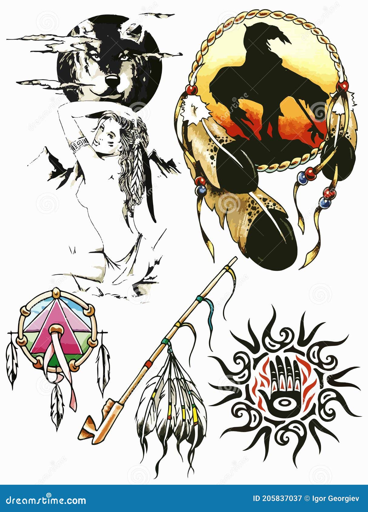 Native American Indians Tattoo Set. Set of Labels and Elements. Vector ...