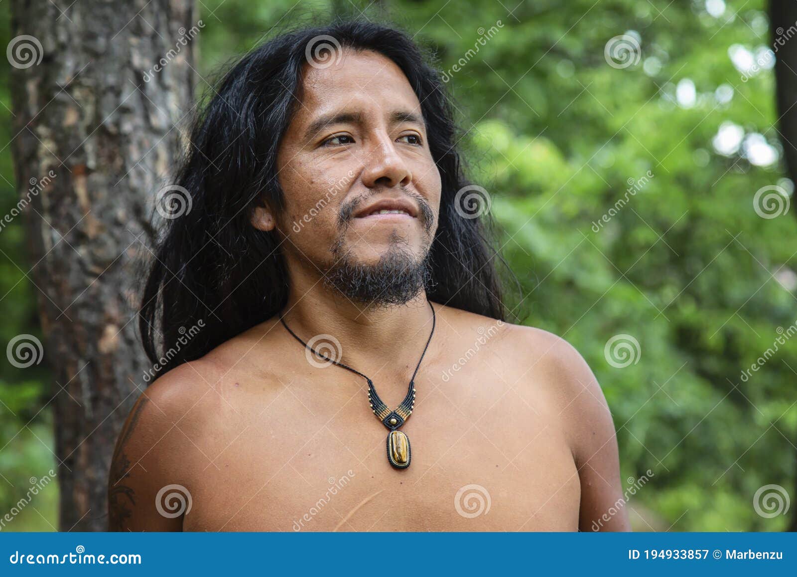 Native American Man in the Forest with a Necklace Stock Image - Image ...