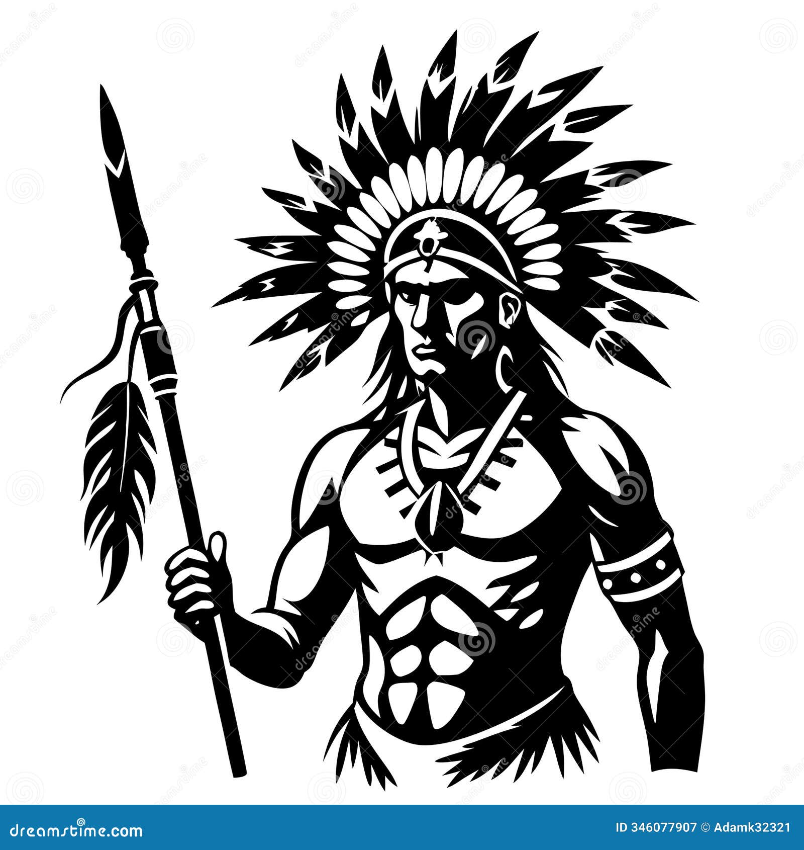 Native American Warrior with Traditional Headdress and Spear Vector ...