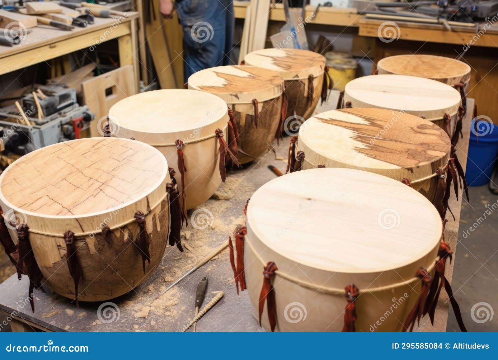 Native Drums Waiting for Their Membranes on Workbench Stock Photo ...